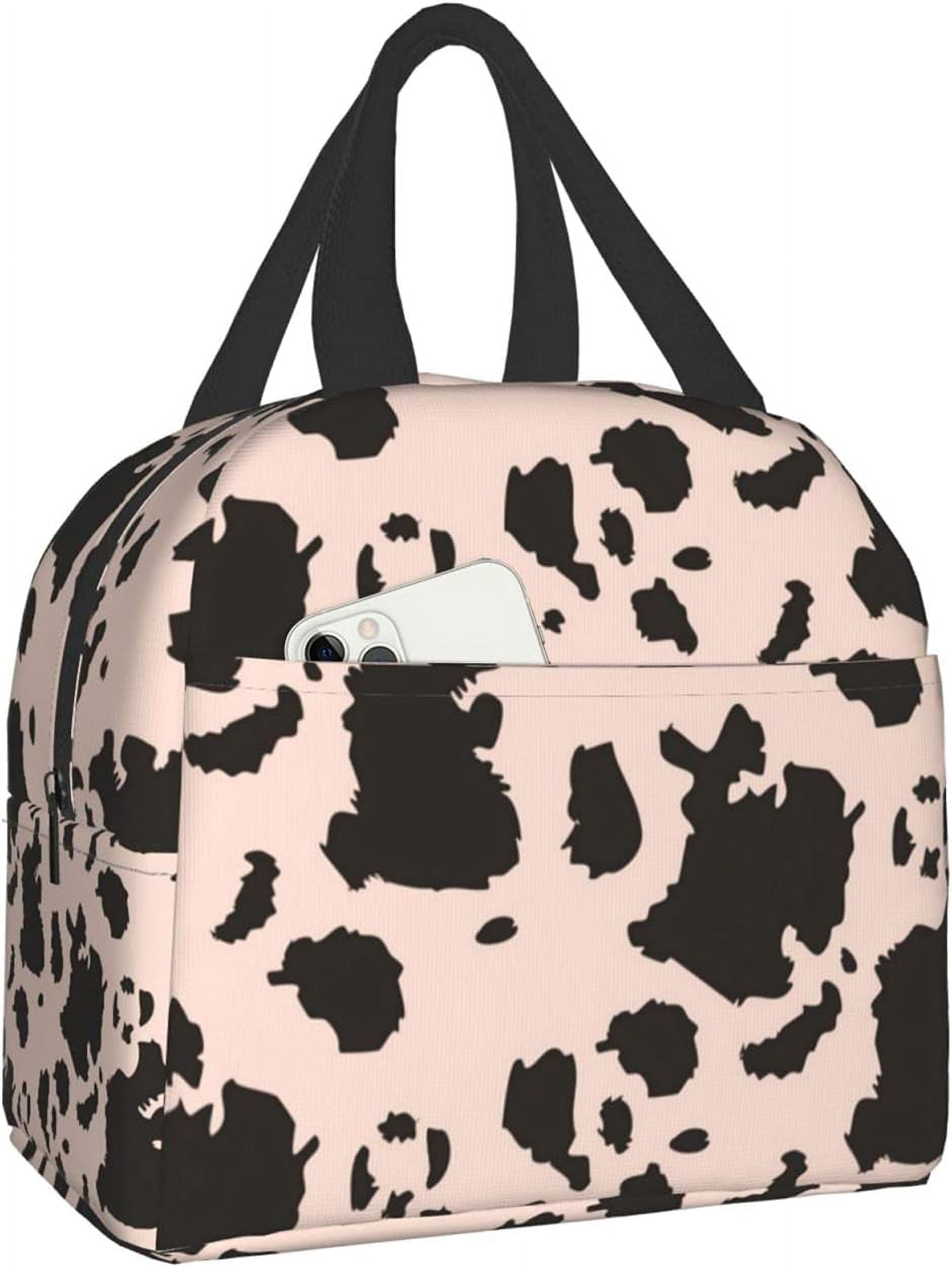 Top-kevin Black Cow Skin Animal Lunch Box Bento Travel Bag Picnic Tote ...