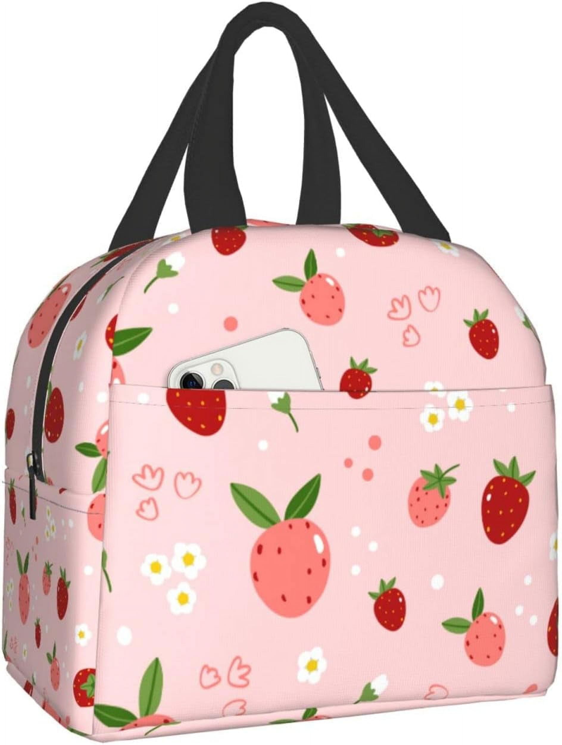 Top-kevin Cute Strawberries And Flowers Lunch Bag Reusable Lunch Box ...