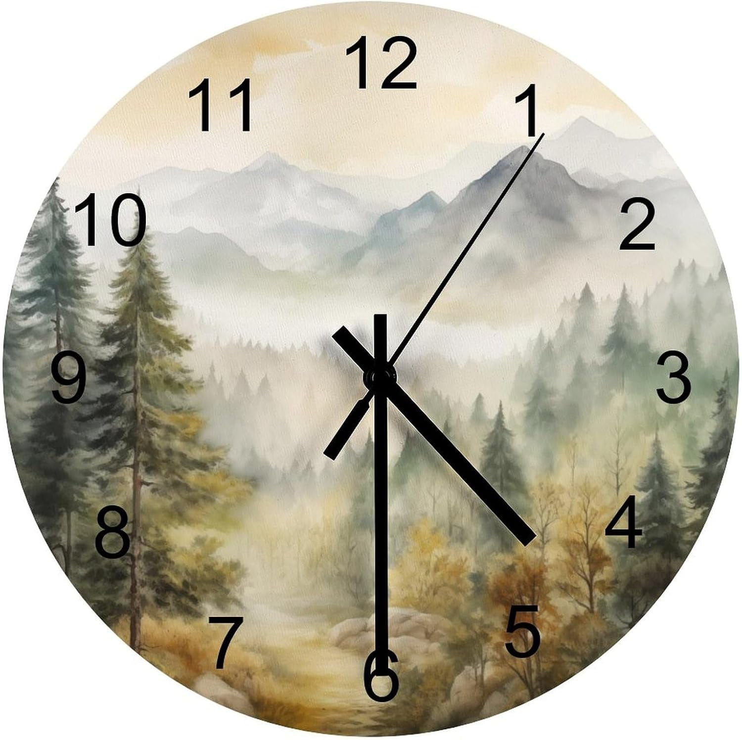 Top-kevin Forest Wall Clock, Watercolor Mountain Forest Nature Tree ...