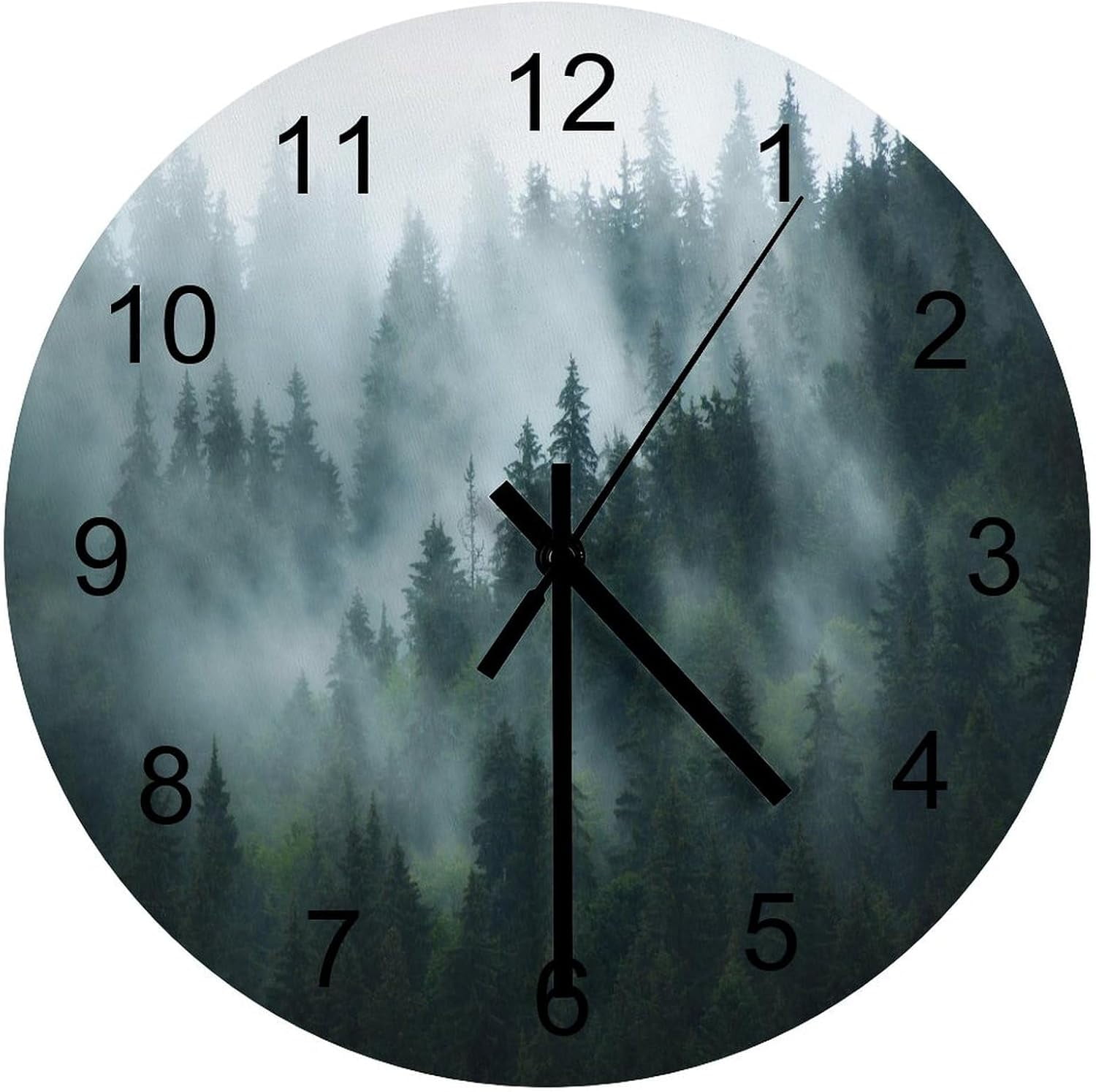 Top-kevin Nature Wall Clock, Misty Forest Scenery Mountain Foggy ...