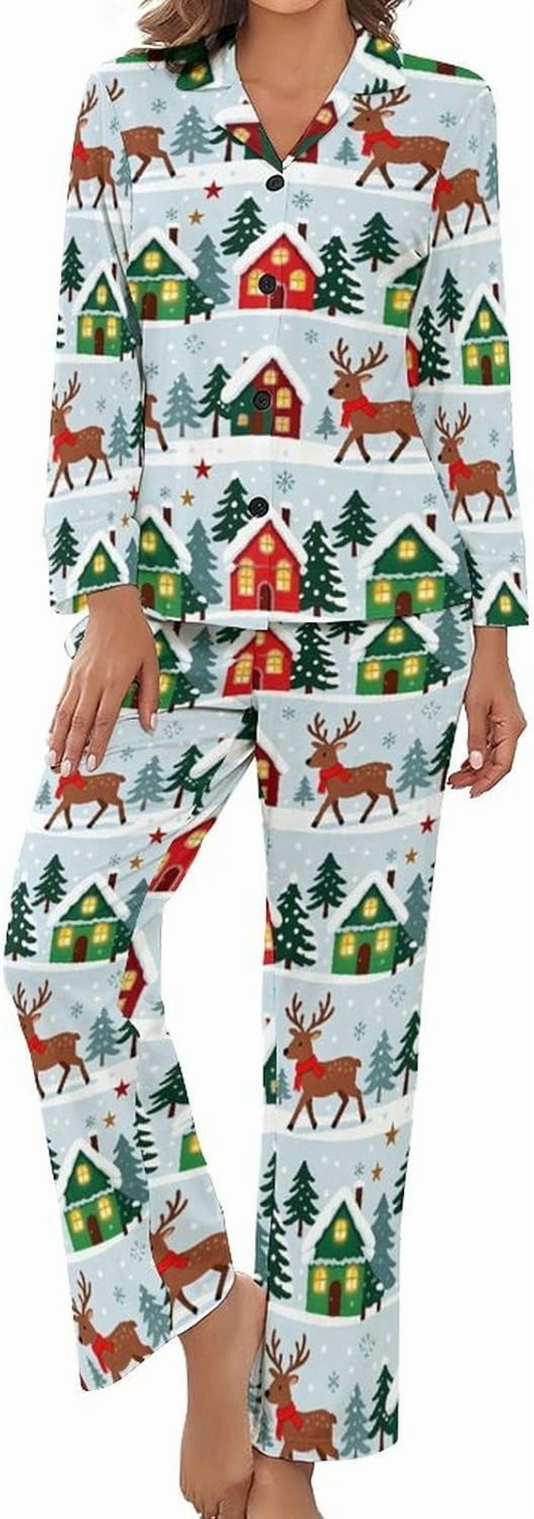 Top-kevin Womens Pajamas Set Christmas Tree Bells Ribbons Soft Long ...