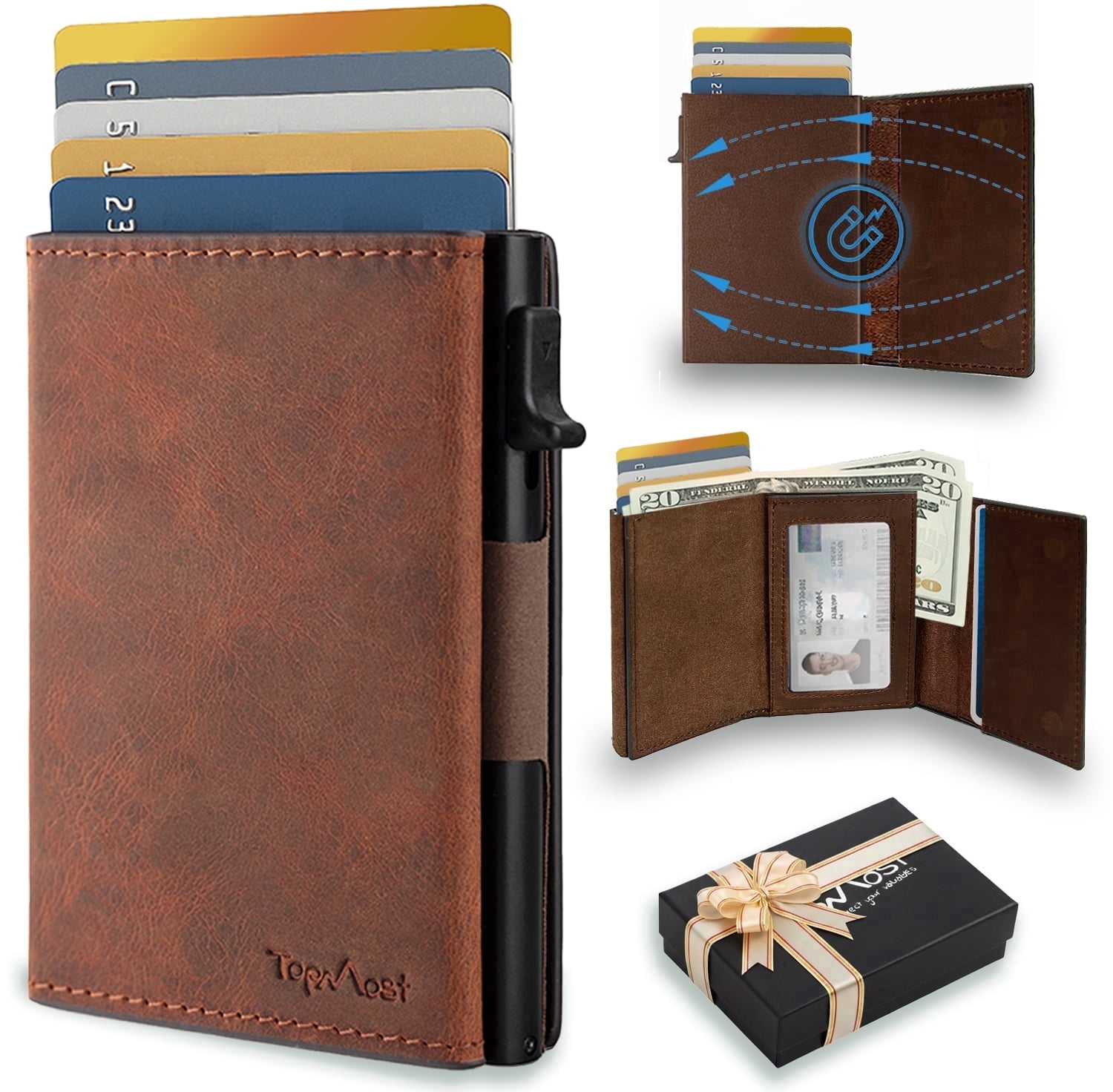 TopMost Genuine Leather Pop Up Wallet for Men, Credit Card Holder, RFID ...