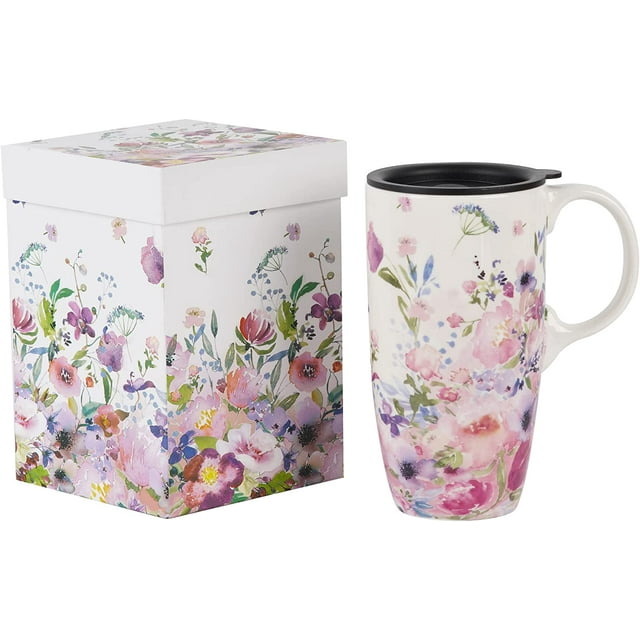 Topadorn Ceramic Latte Tea Cup 17oz Pink Garden Microwave Safe