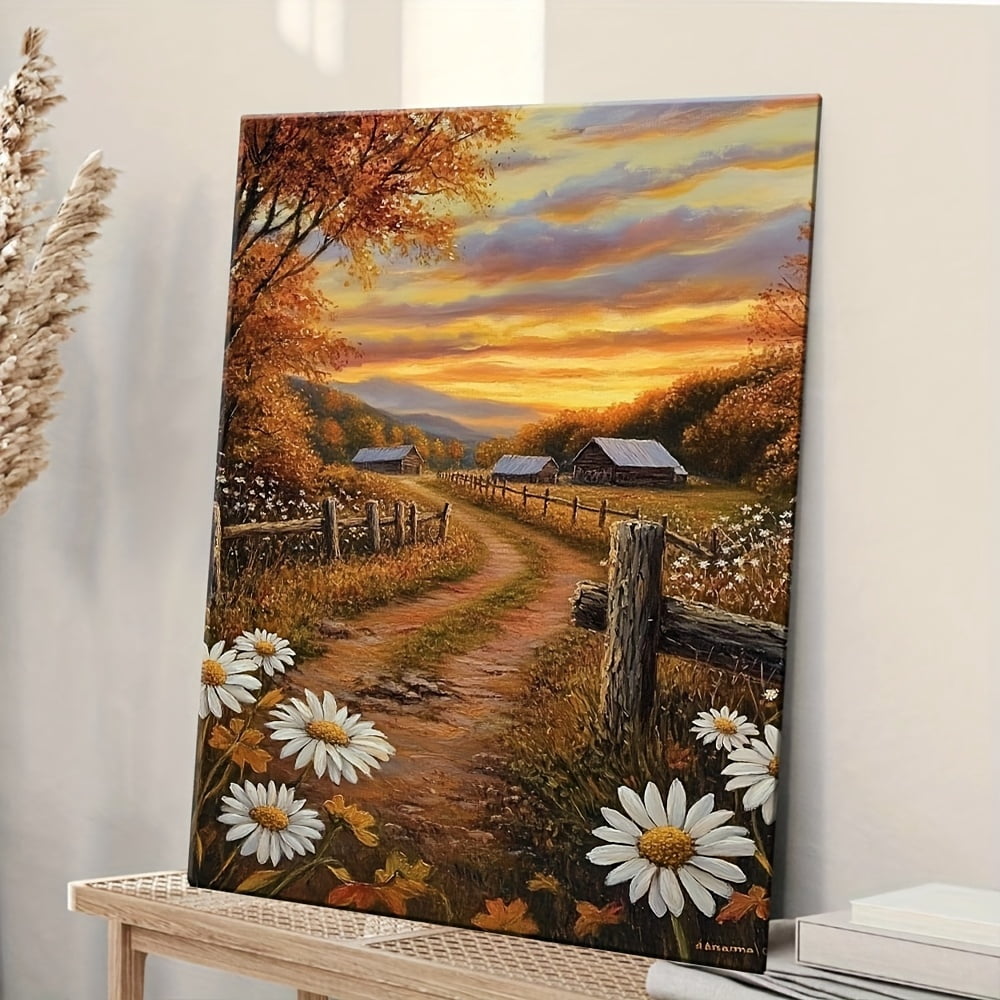 Topbout Art Autumn Farm Path & Daisy Wall Art - Rustic Seasonal Canvas ...