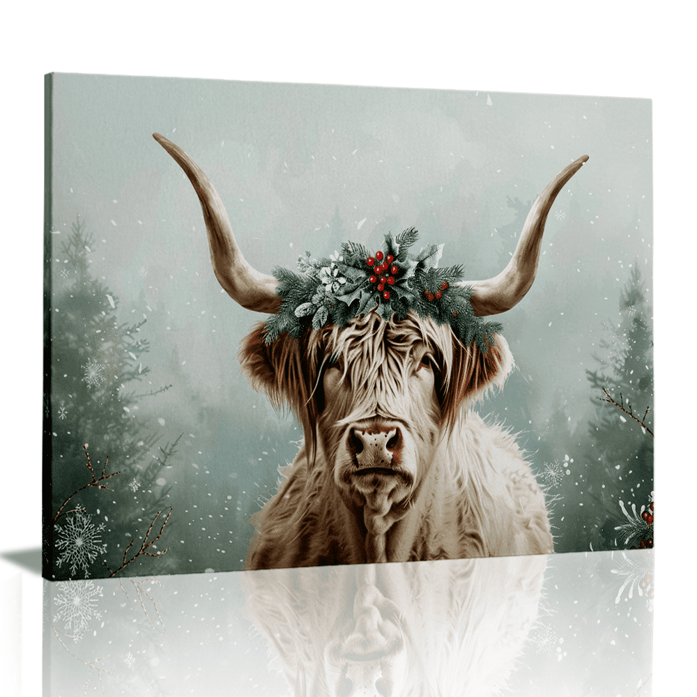 Topbout Art Highland Cow Christmas Wreath Country Canvas Wall Art for ...