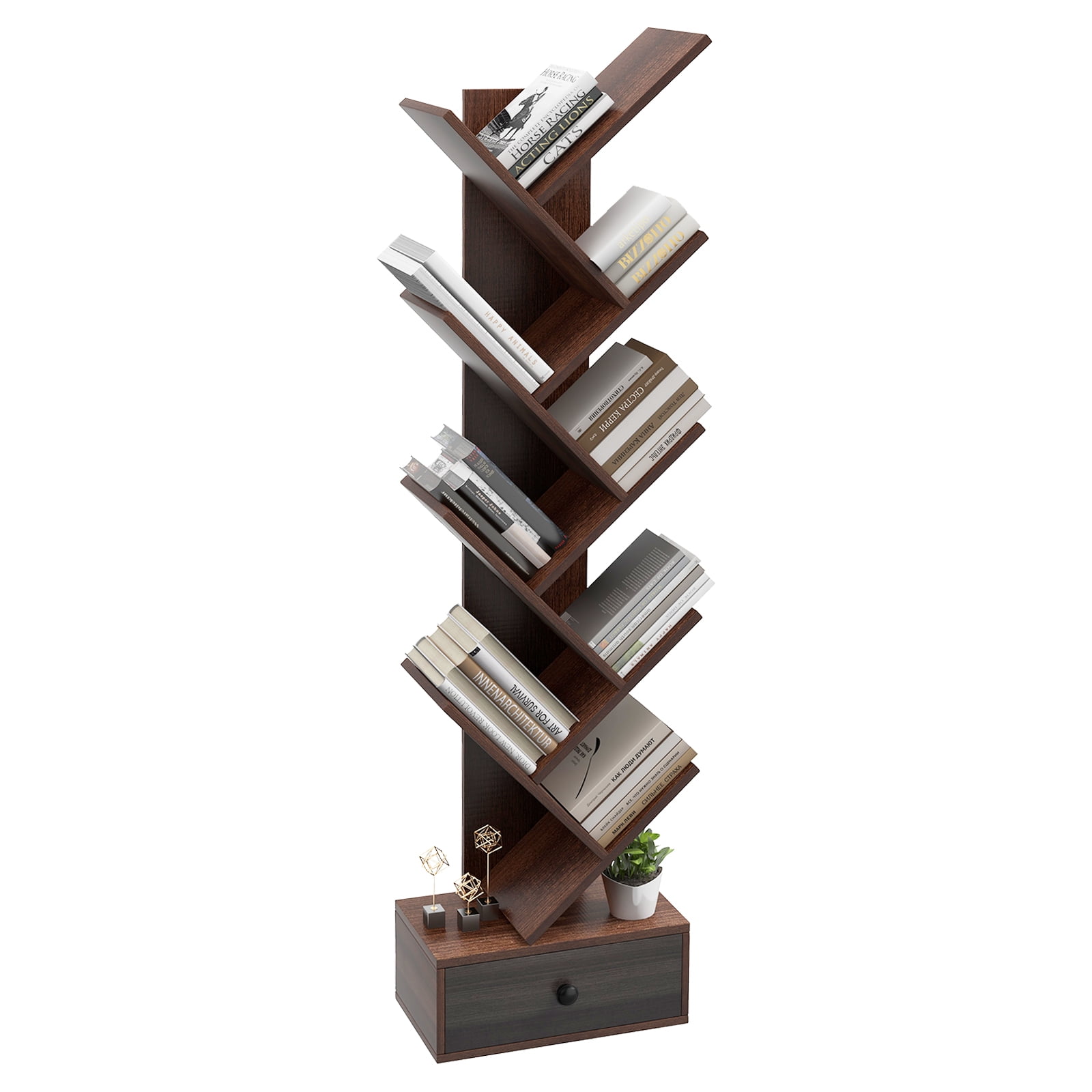 Topbuy 10-Tier Tree-Shaped Bookshelf with Drawer, Brown Wood, Home ...