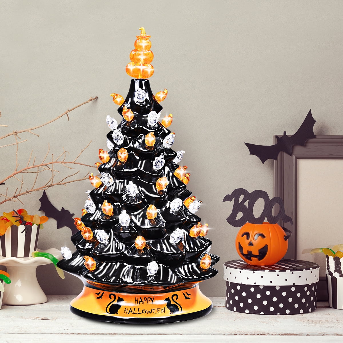 Topbuy 15" Pre-Lit Ceramic Hand-Painted Halloween Tree Tabletop Xmas ...