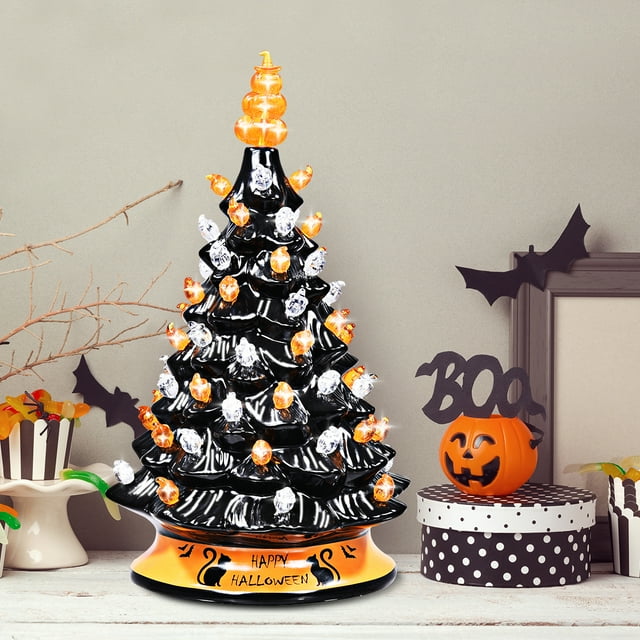 Topbuy 15" Pre-Lit Ceramic Hand-Painted Halloween Tree Tabletop Xmas ...