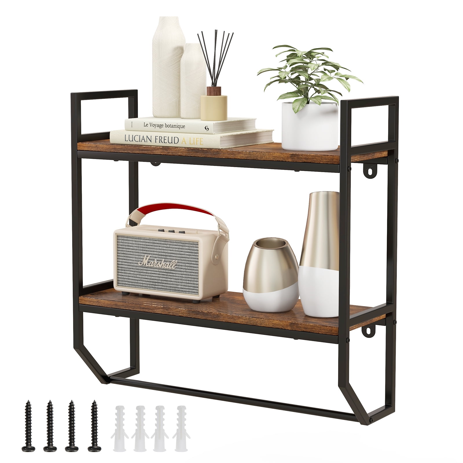 Topbuy Shelving Wall-Mounted, 2-Tier Floating Shelf with Hanging Rod ...