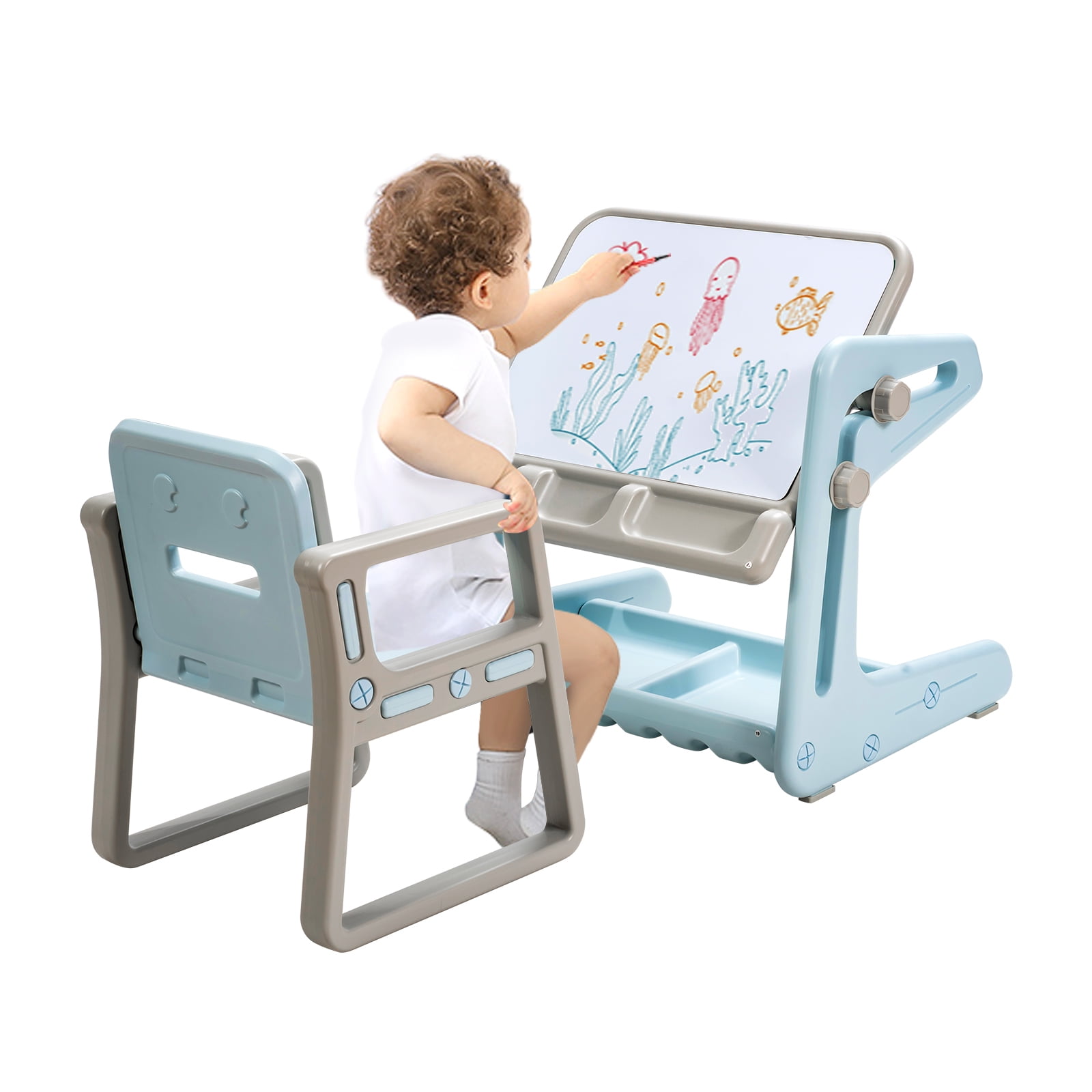 Topbuy 2 in 1 Kids Drawing Table and Chair Set Adjustable Drawing Board ...
