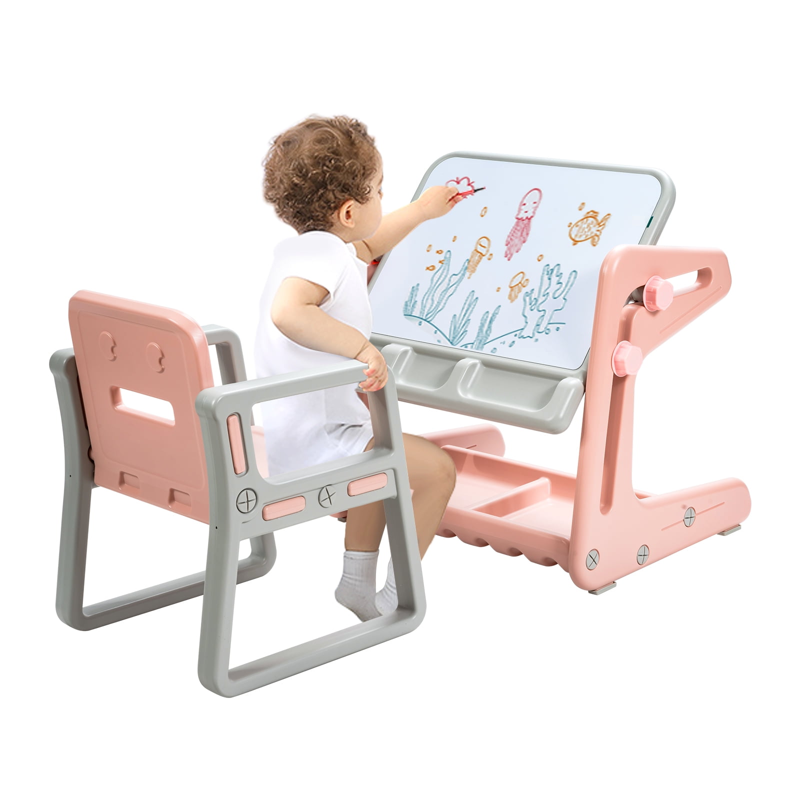 Topbuy 2 in 1 Kids Drawing Table and Chair Set Adjustable Drawing Board ...