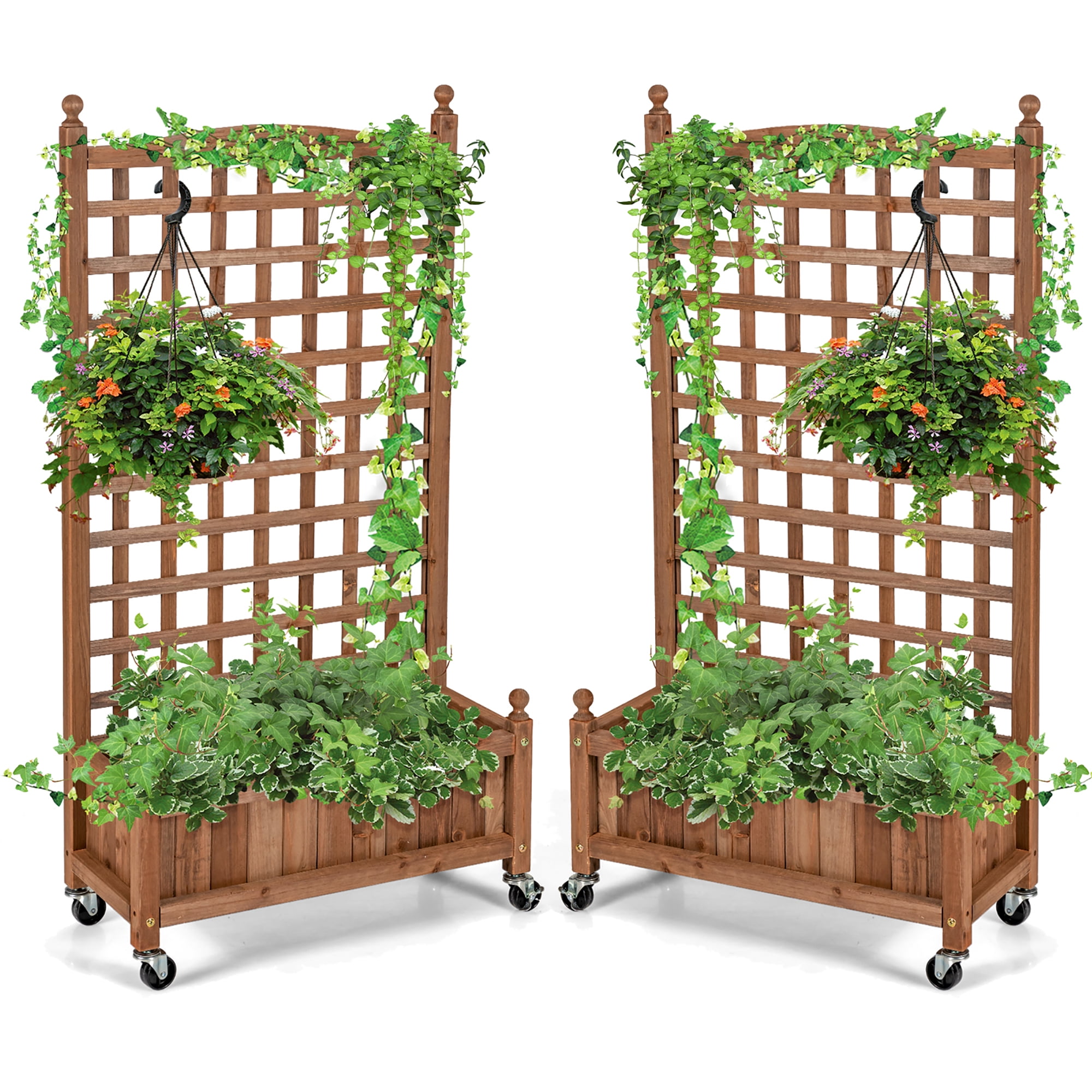 Topbuy 2PC 50in Wood Planter Box with Trellis and Wheels Mobile Plant ...