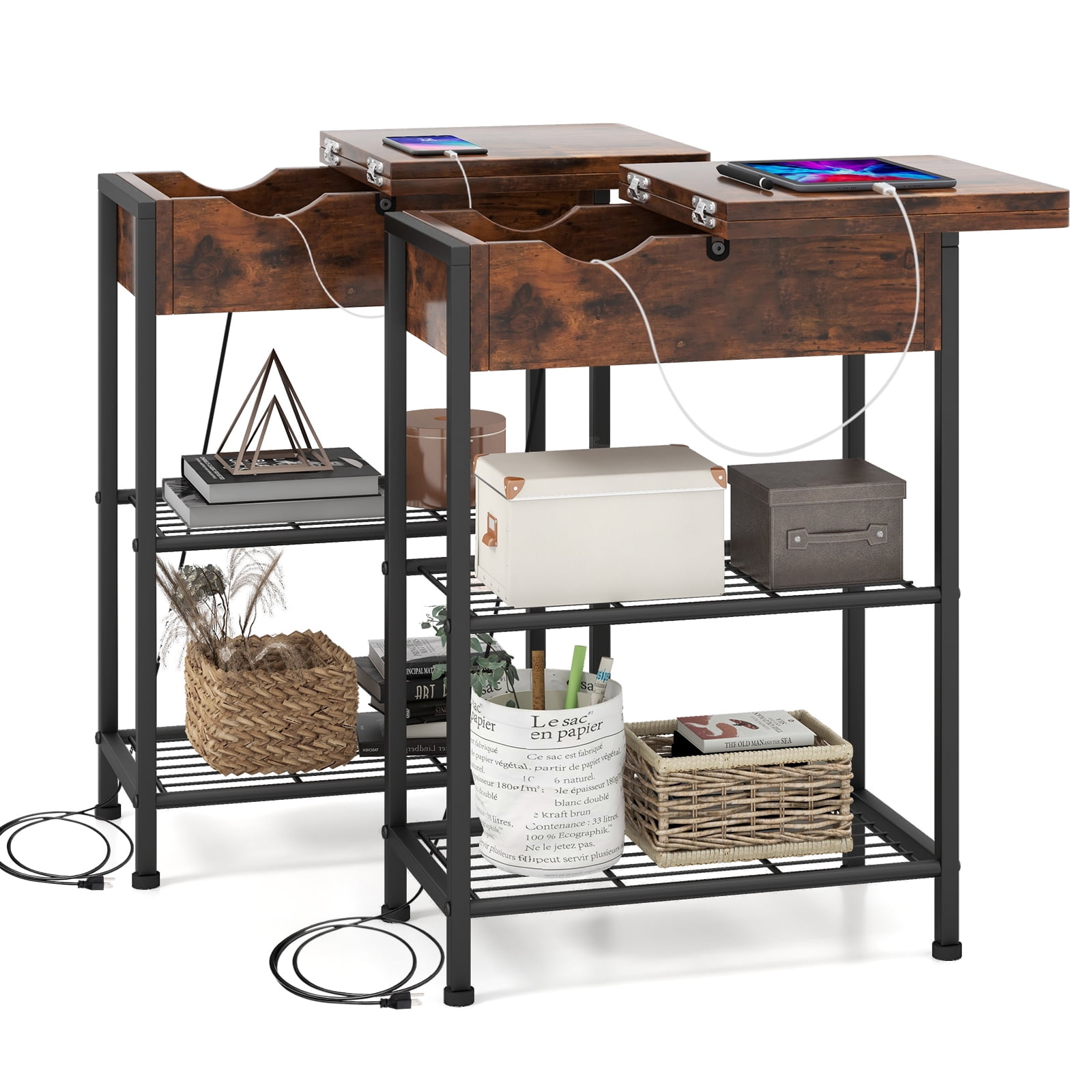 Topbuy Small Power End Table with USB Ports, Outlets & Flip Top Storage ...