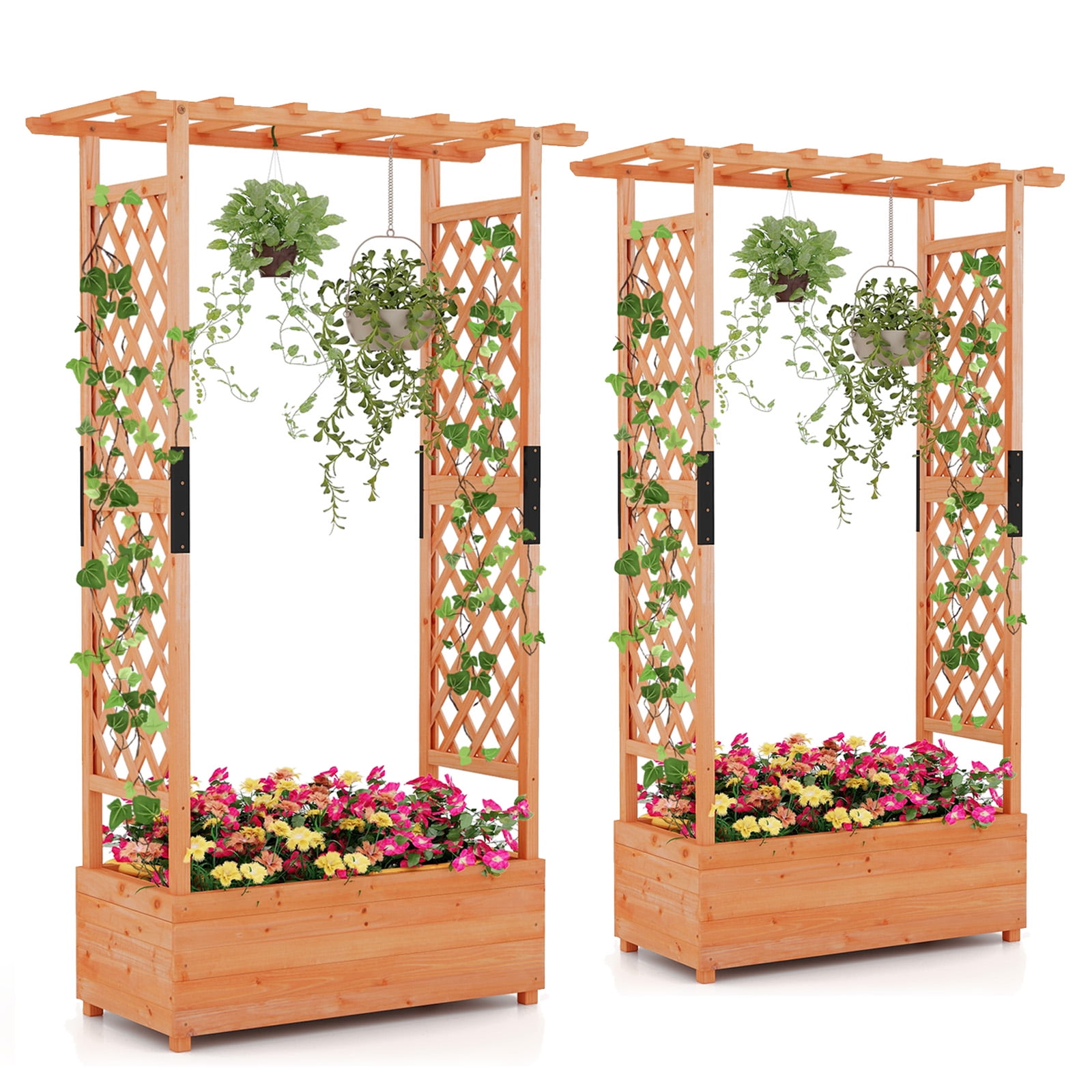 Patiojoy 2pcs Raised Garden Bed with Trellis, Wood Elevated Garden Bed ...
