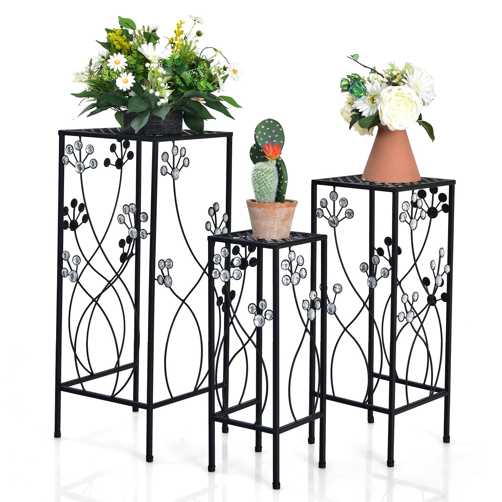 Topbuy 3 Pieces Metal Plant Stand Flower Pots Display Rack with Crystal ...