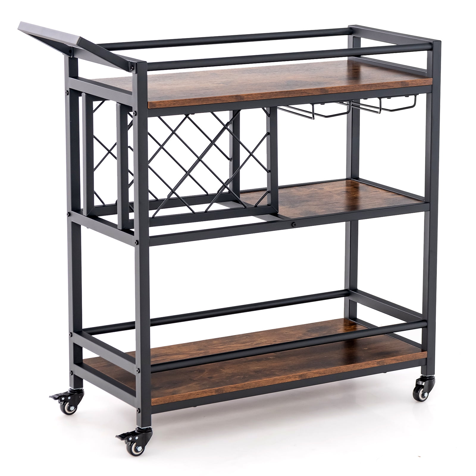 Topbuy 3-Tier Bar Cart Wheels Rolling Serving Cart with Rack and Glass ...