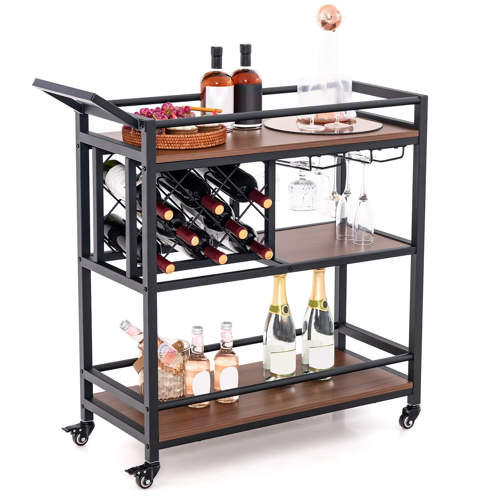 Topbuy 3-Tier Bar Cart on Wheels Rolling Serving with Wine Rack and ...
