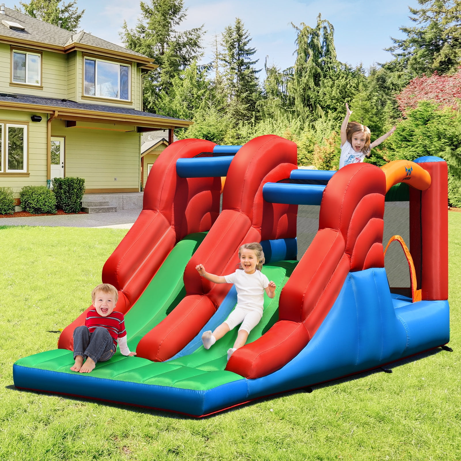 Topbuy 3-in-1 Inflatable Double Slide Bounce House Jumping Castle ...