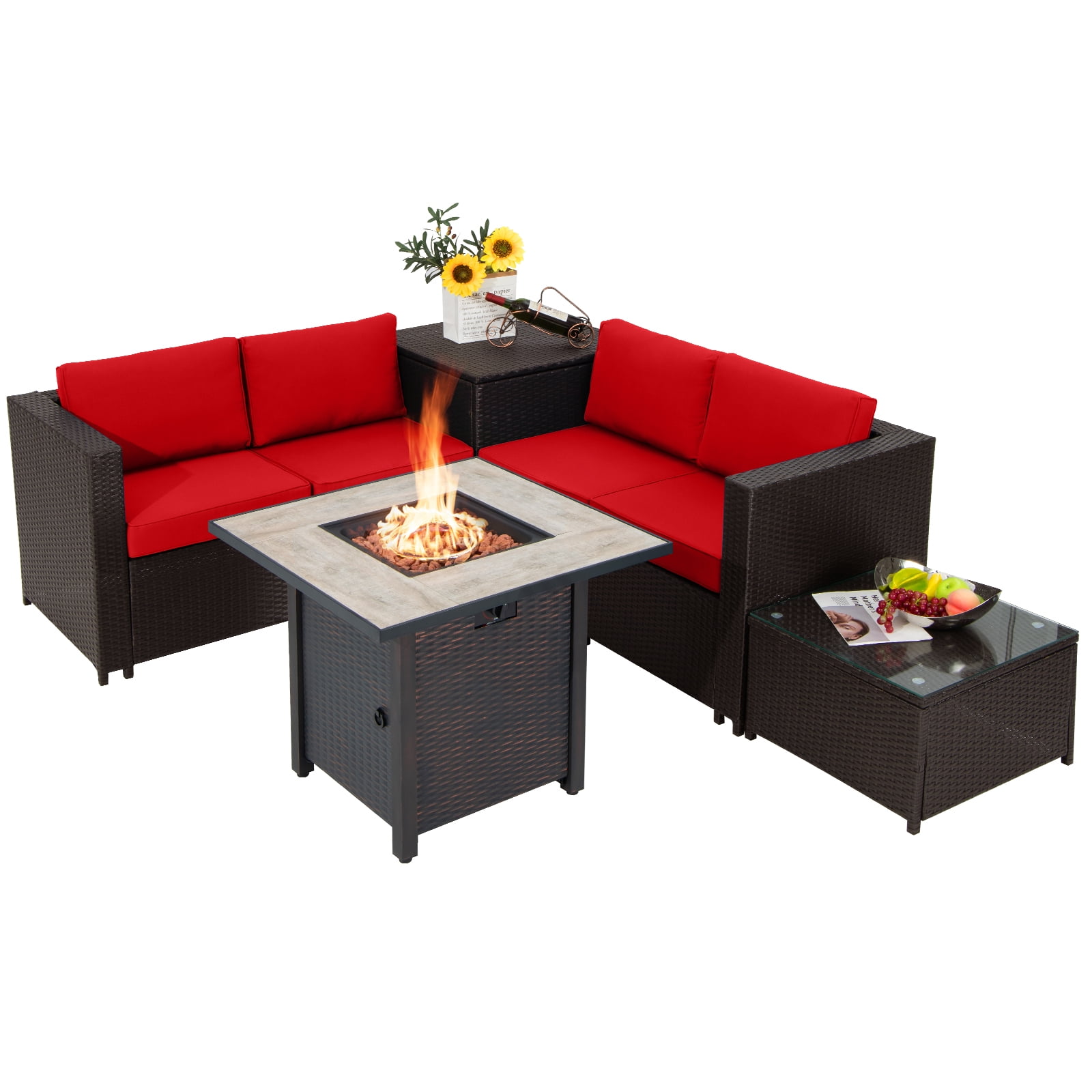 Topbuy 5-Piece Patio Set with 30'' Gas Fire Pit, Outdoor Wicker Sofa ...