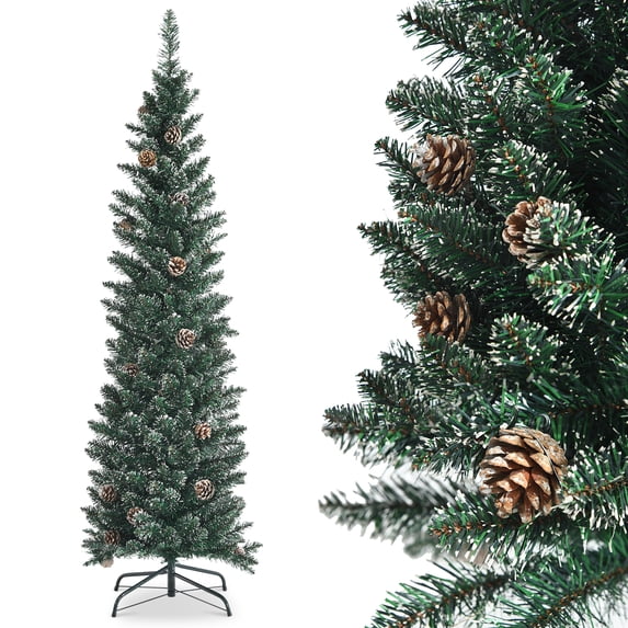 Topbuy 5FT Frosted Pencil Tree, Snowy Artificial Xmas Tree with 214 ...