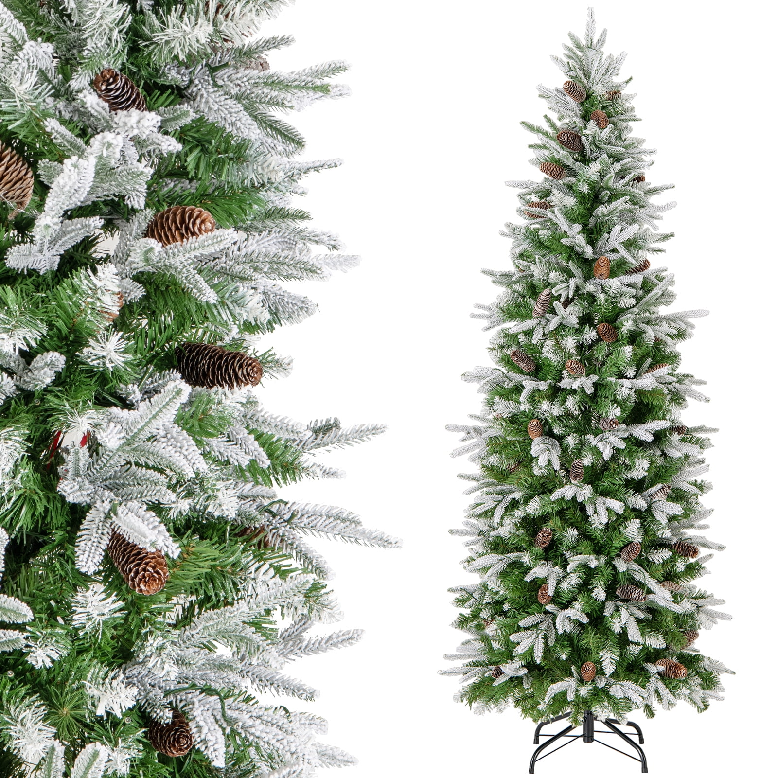 Topbuy 6 FT Snow Flocked Artificial Christmas Tree Hinged Pre-lit Xmas ...
