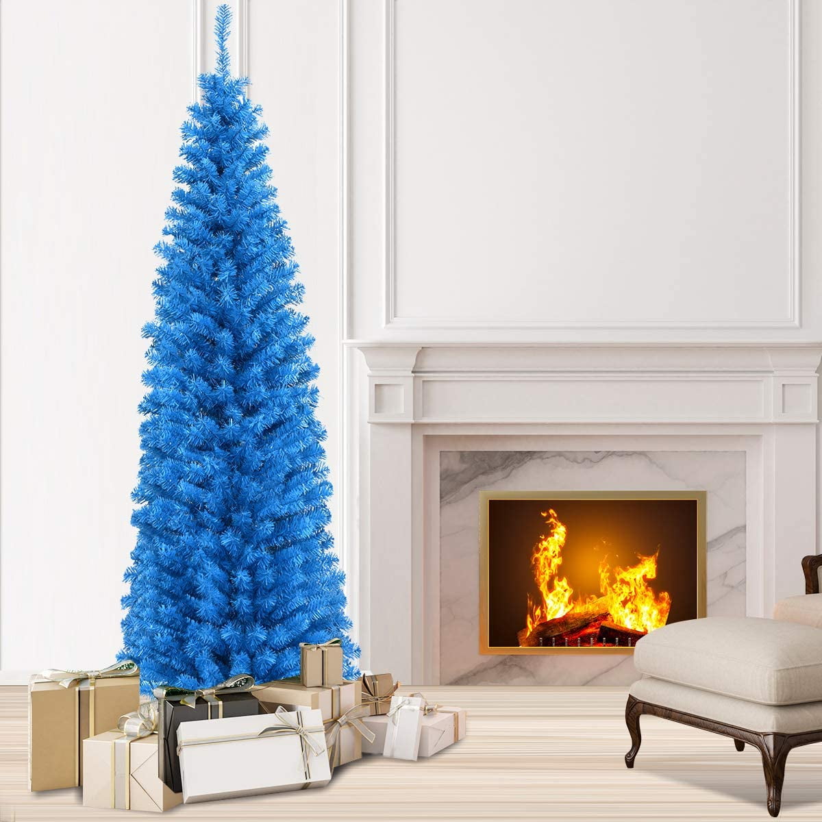 Topbuy 6FT Blue Slim Artificial Christmas Tree with Metal Stand for ...