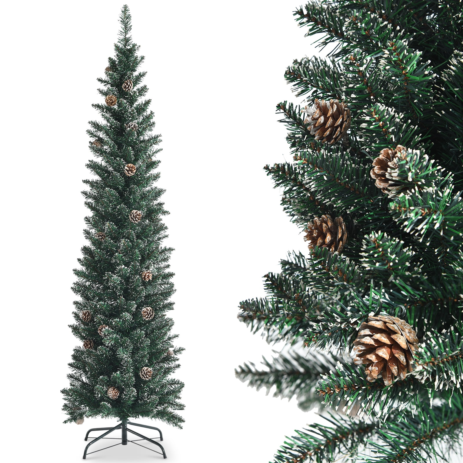 Topbuy 6FT Slim Pencil Christmas Tree with Snowy Design, 267 PVC Branch ...