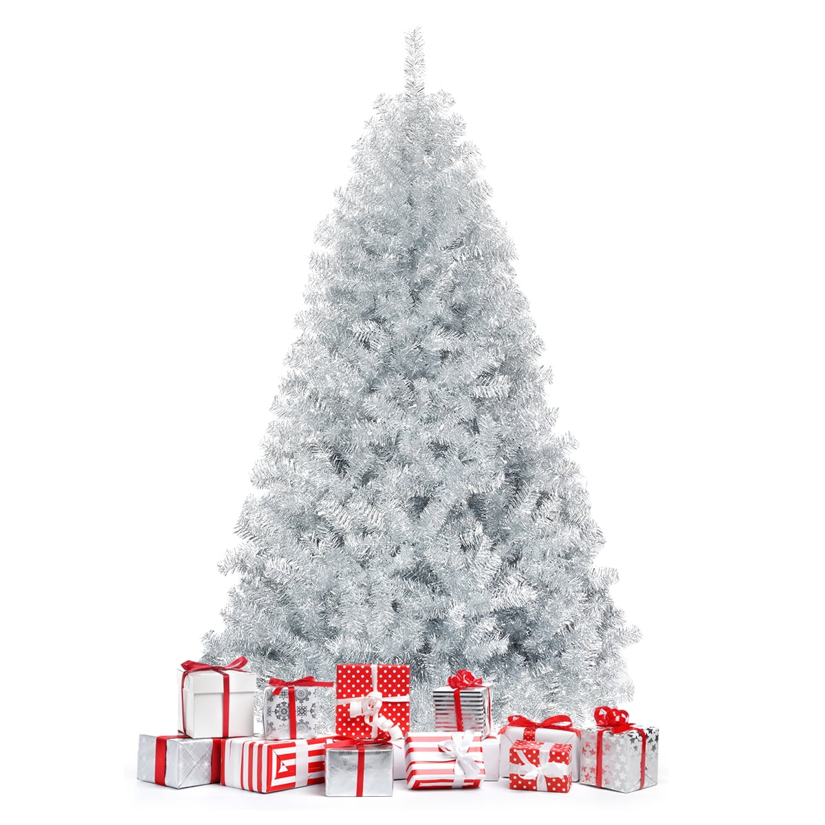 Topbuy 6Ft Hinged Artificial Silver Tinsel Christmas Tree with Sturdy ...