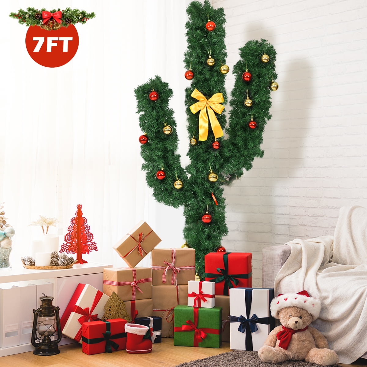 Topbuy 7'Artificial Cactus Christmas Tree Pre-Lit Optical Fiber w/ LED ...