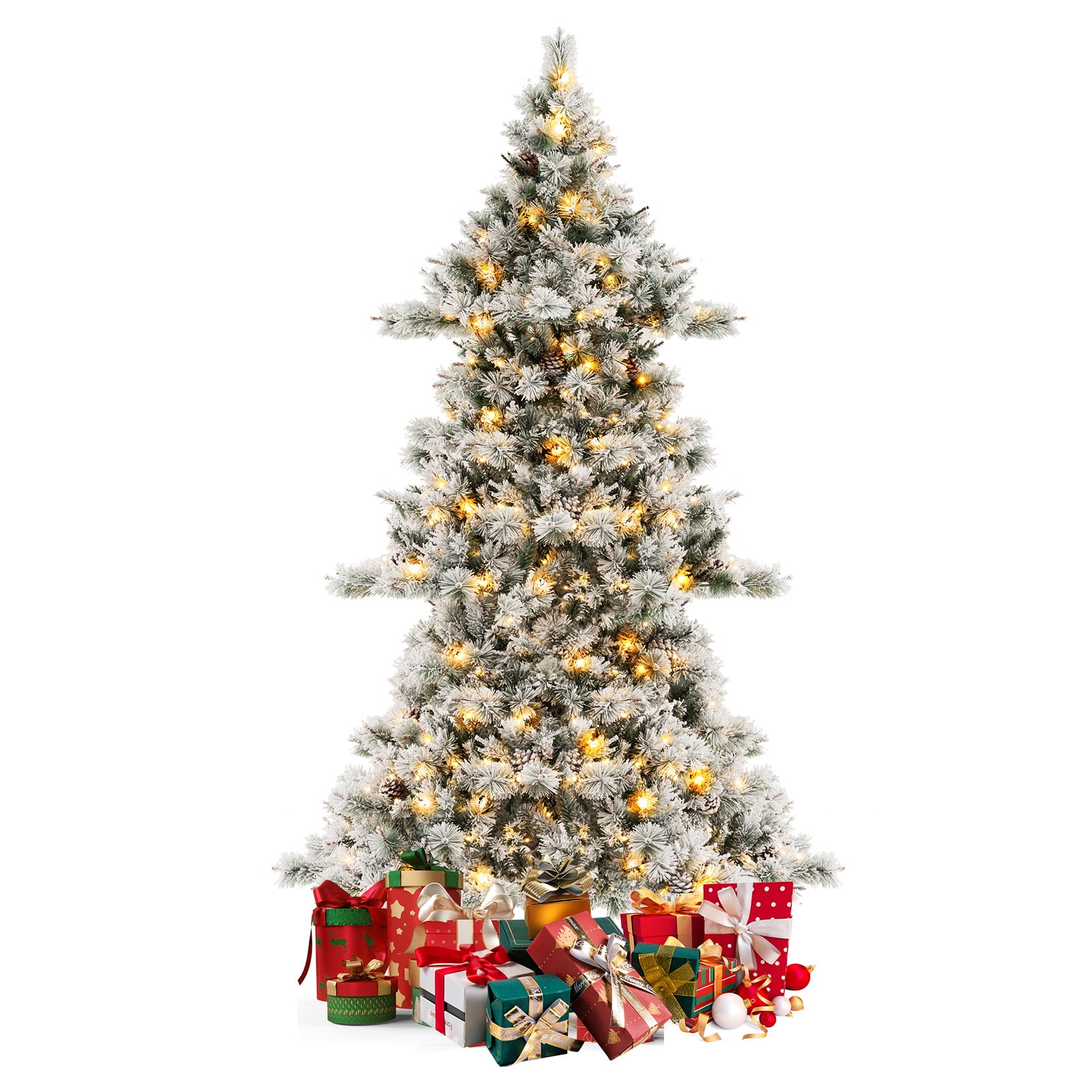Topbuy 7 FT Pre-lit Artificial Christmas Tree, Snow-flocked Xmas Tree ...