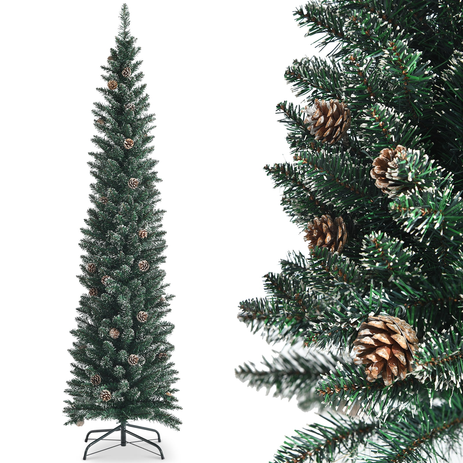 Topbuy 7FT Slim Pencil Christmas Tree, Snowy Artificial with 351 Tips ...