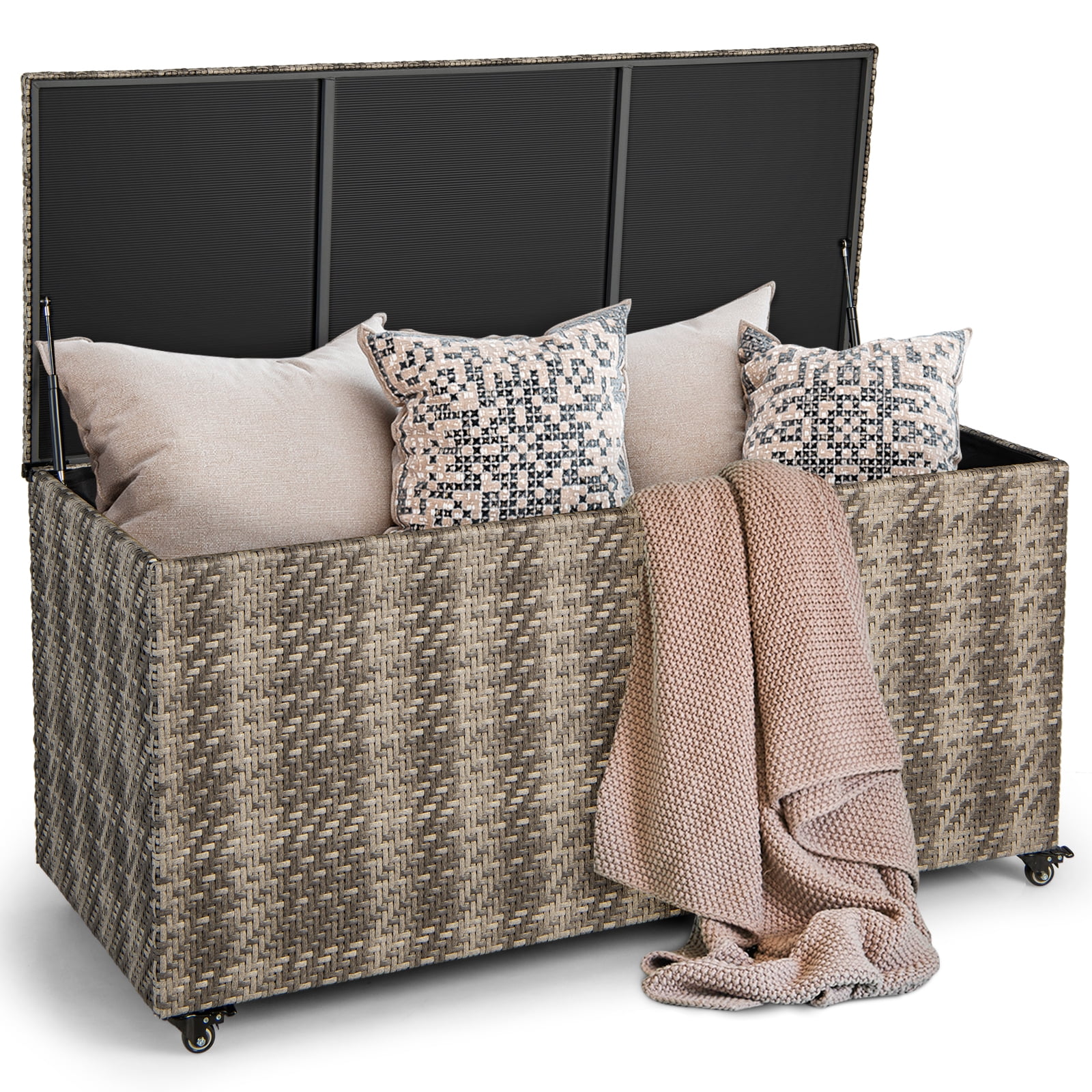 Patiojoy 96 Gallon Outdoor Storage Box PE Wicker Deck Box with 4 Wheels ...