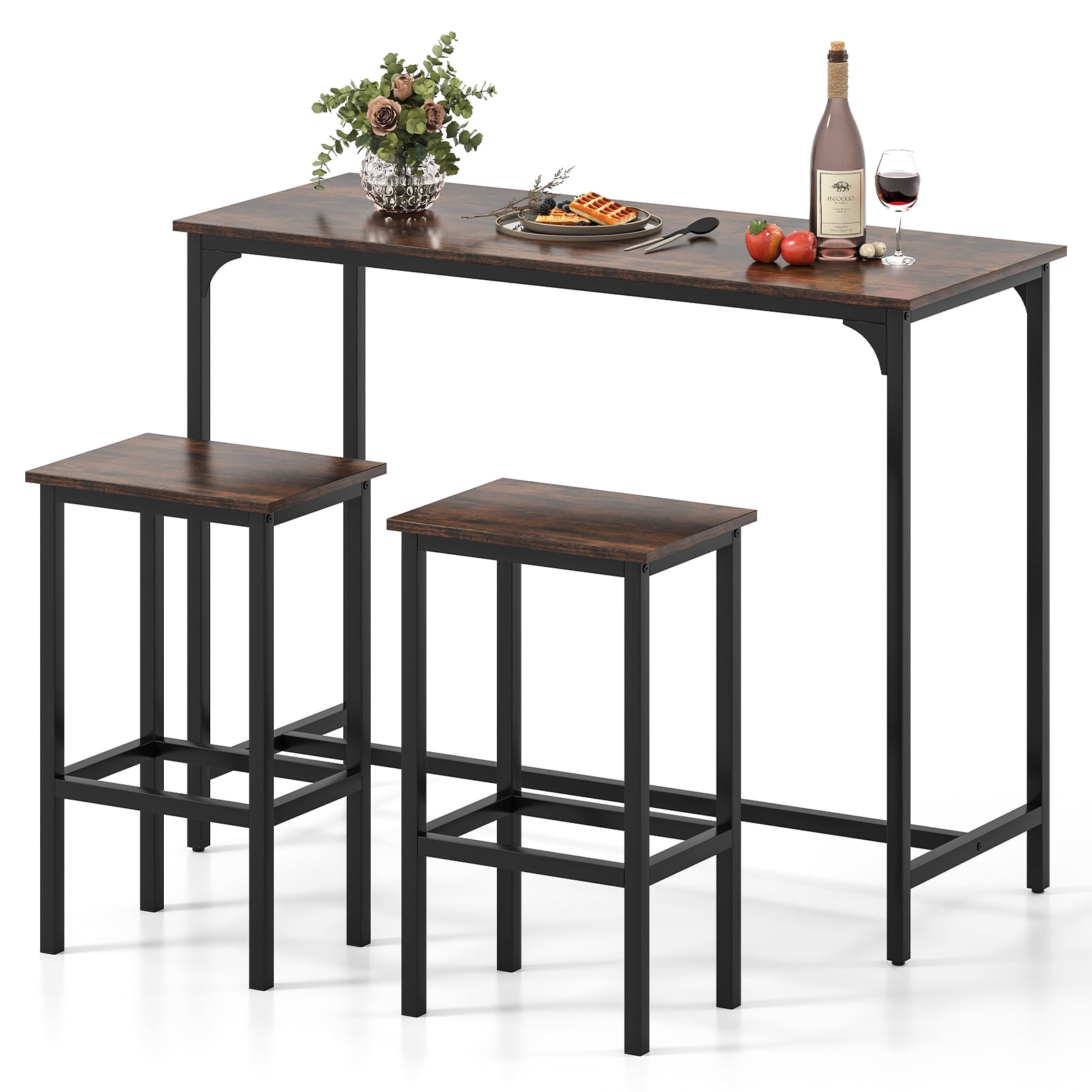 Topbuy Bar Table and Chairs Set, 47.5" Rectangular Pub Table with 2 ...