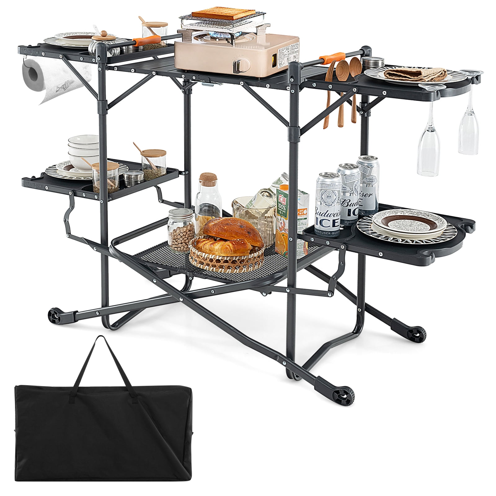 Topbuy Camping Kitchen Table Folding Outdoor Cooking Station w/ 4 Side ...