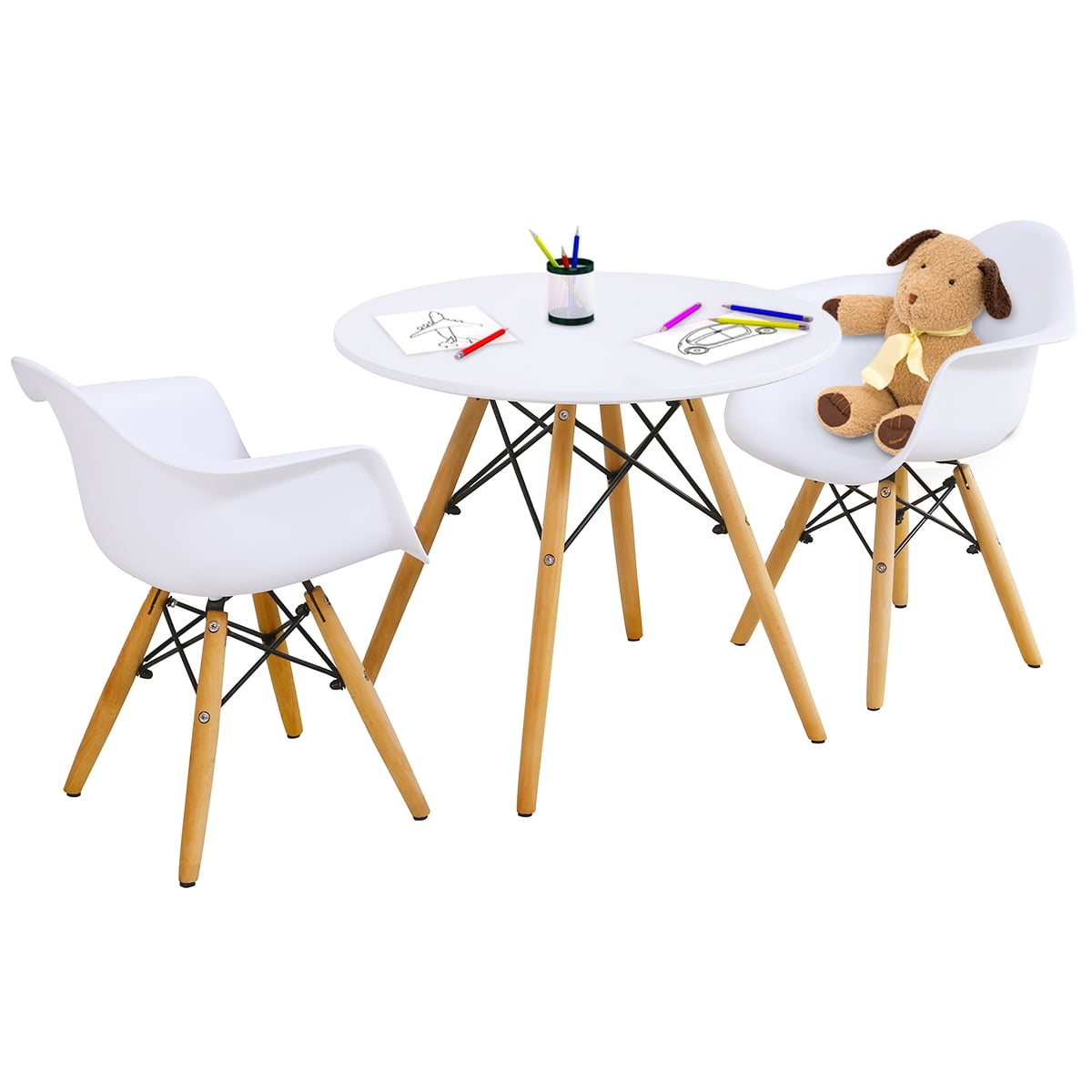 Topbuy Modern Round Children's Table & 2 Chairs Set, Solid Mid-Century ...