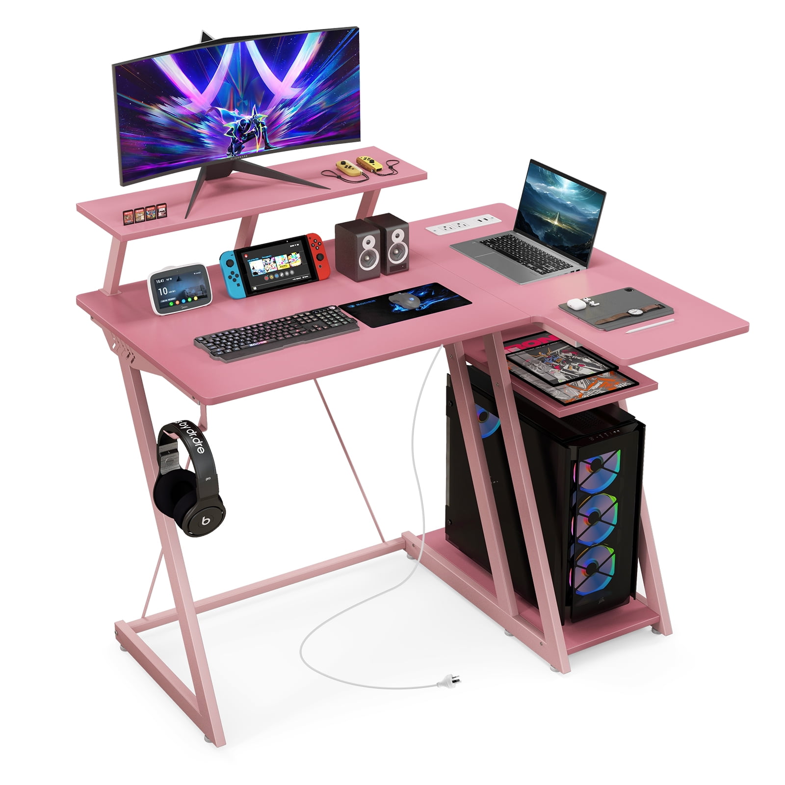 Topbuy Computer Desk w/ Built-in Charge Station Metal Frame Gaming Desk ...