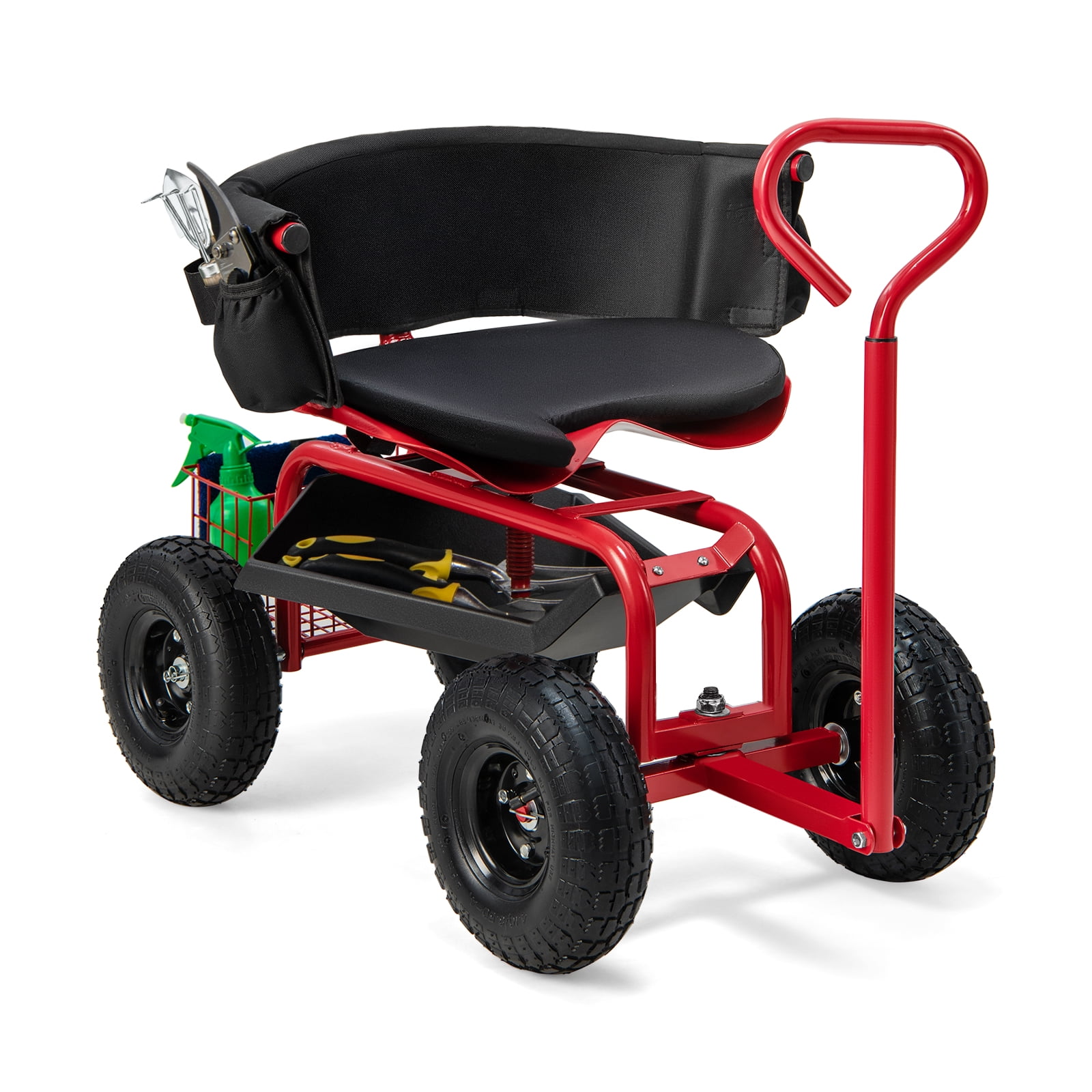 Topbuy Wheeled Yard Garden Cart Scooter with 360° Swivel Seat, Storage ...