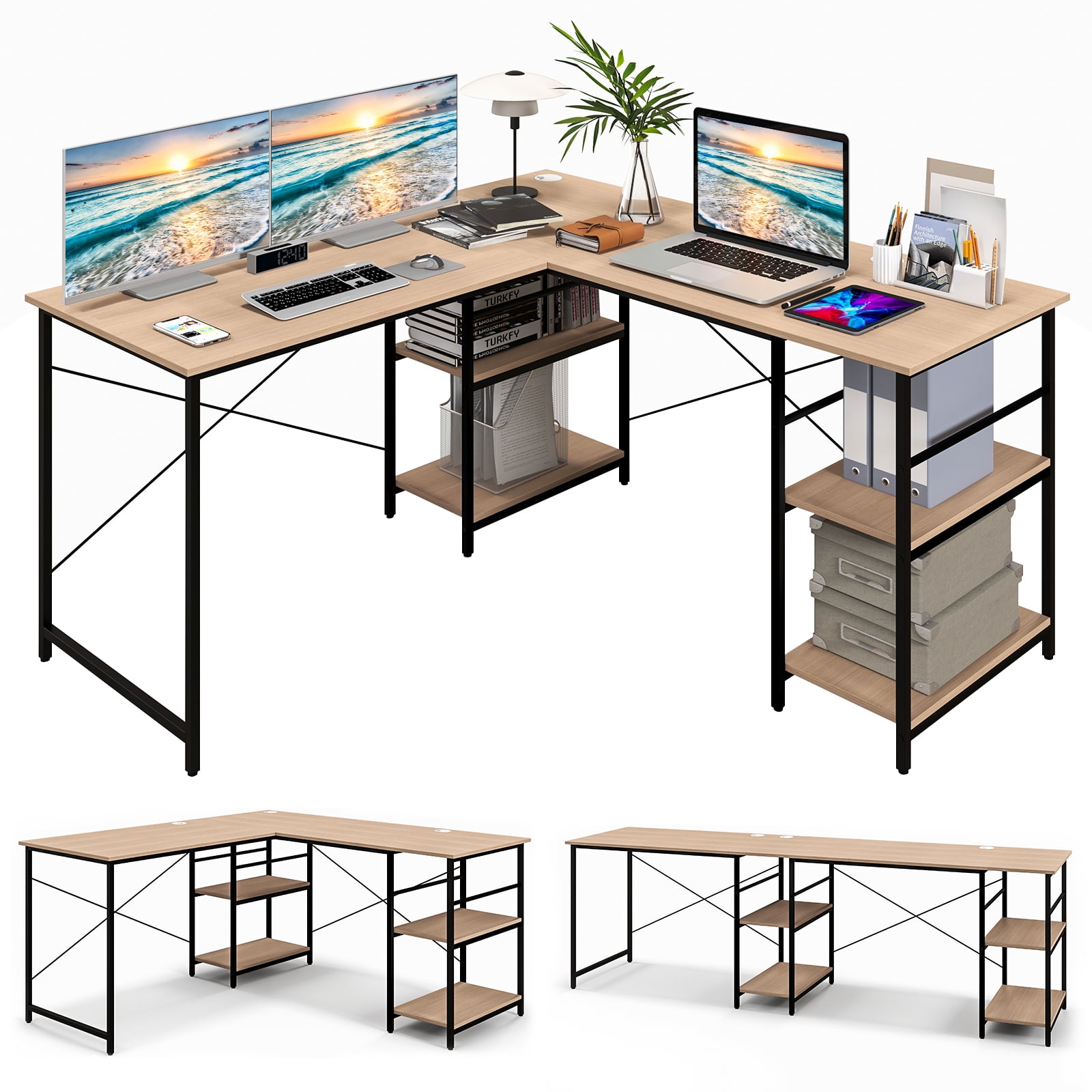 Topbuy Large L-shaped Computer Desk 60" Convertible Corner Desk with 4 ...