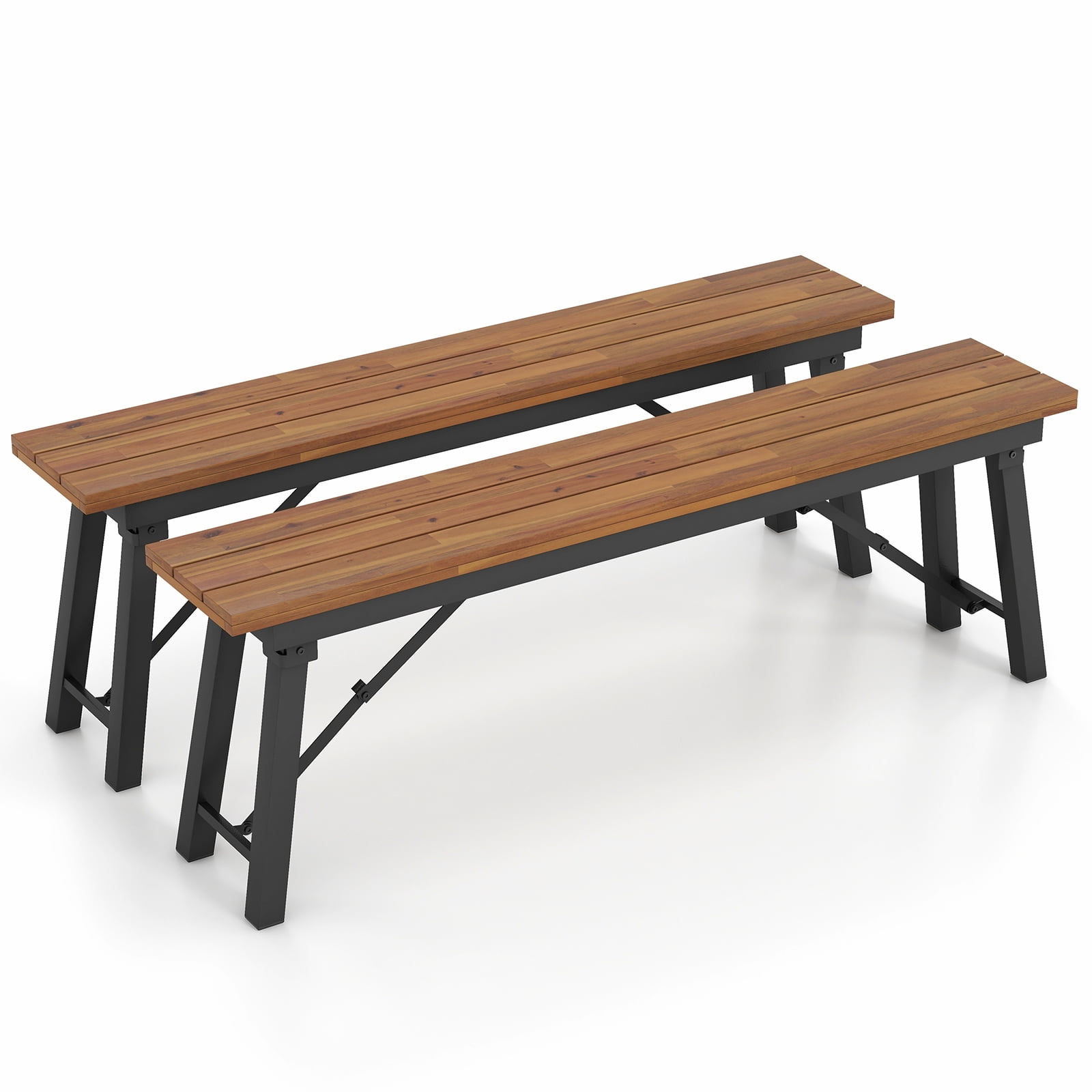 Topbuy 2 Set Outdoor Folding Acacia Wood Bench, 55 Inches Long, Metal ...