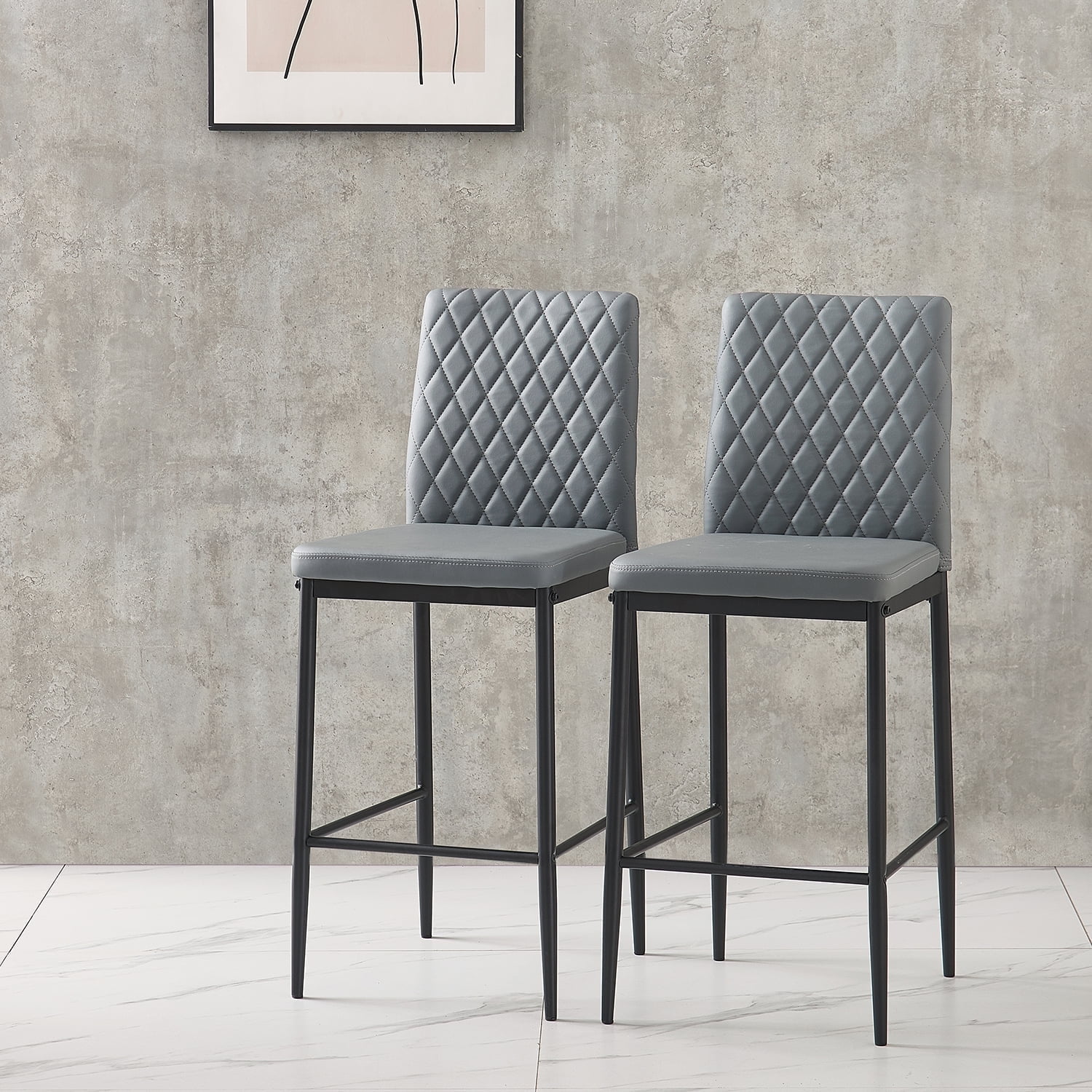 Topcobe Set of 2 Modern Fireproof Leather Bar Stools, Diamond Grid ...