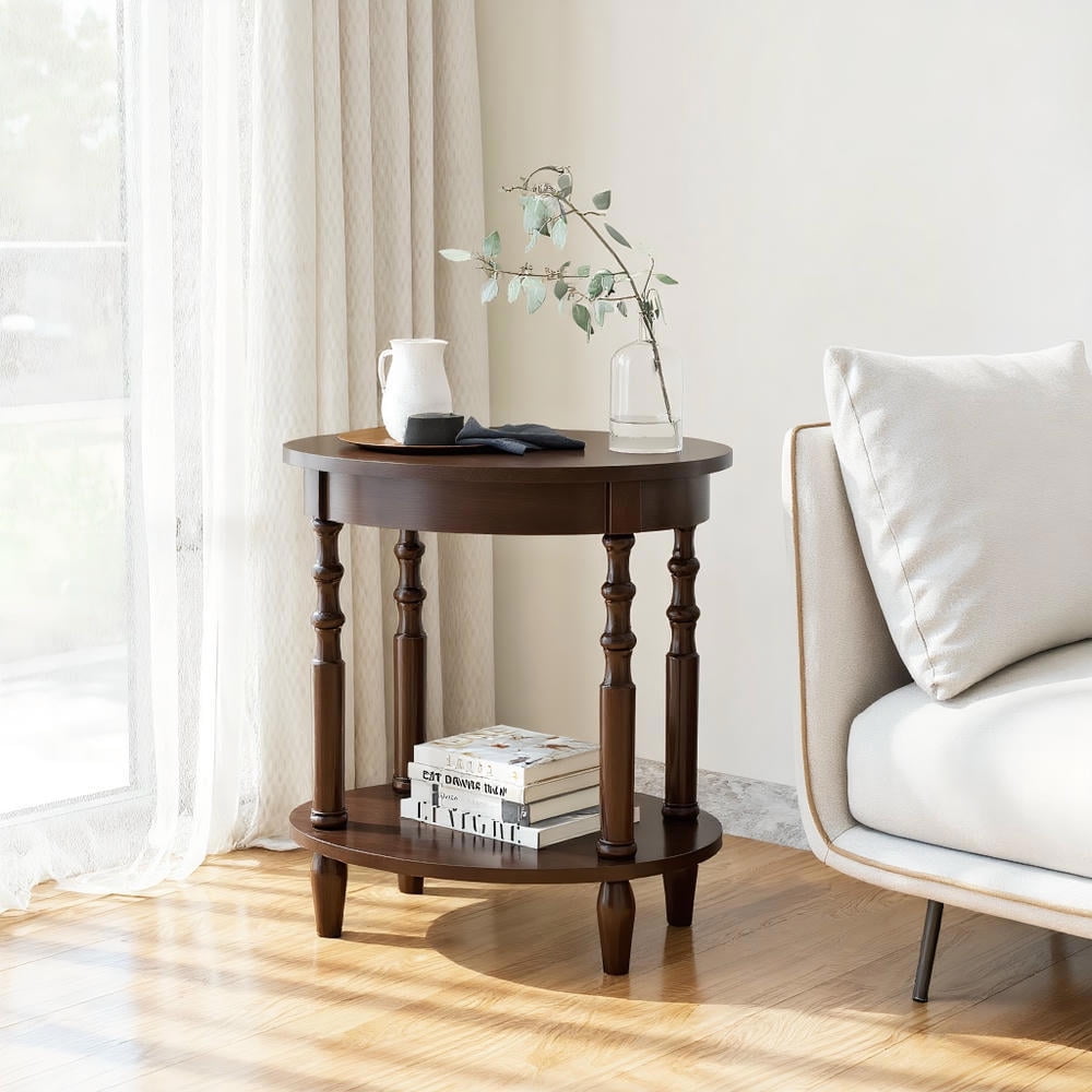 Topcobe 2-Tier Oval Side Table with Storage Shelf and Solid Wood Legs ...