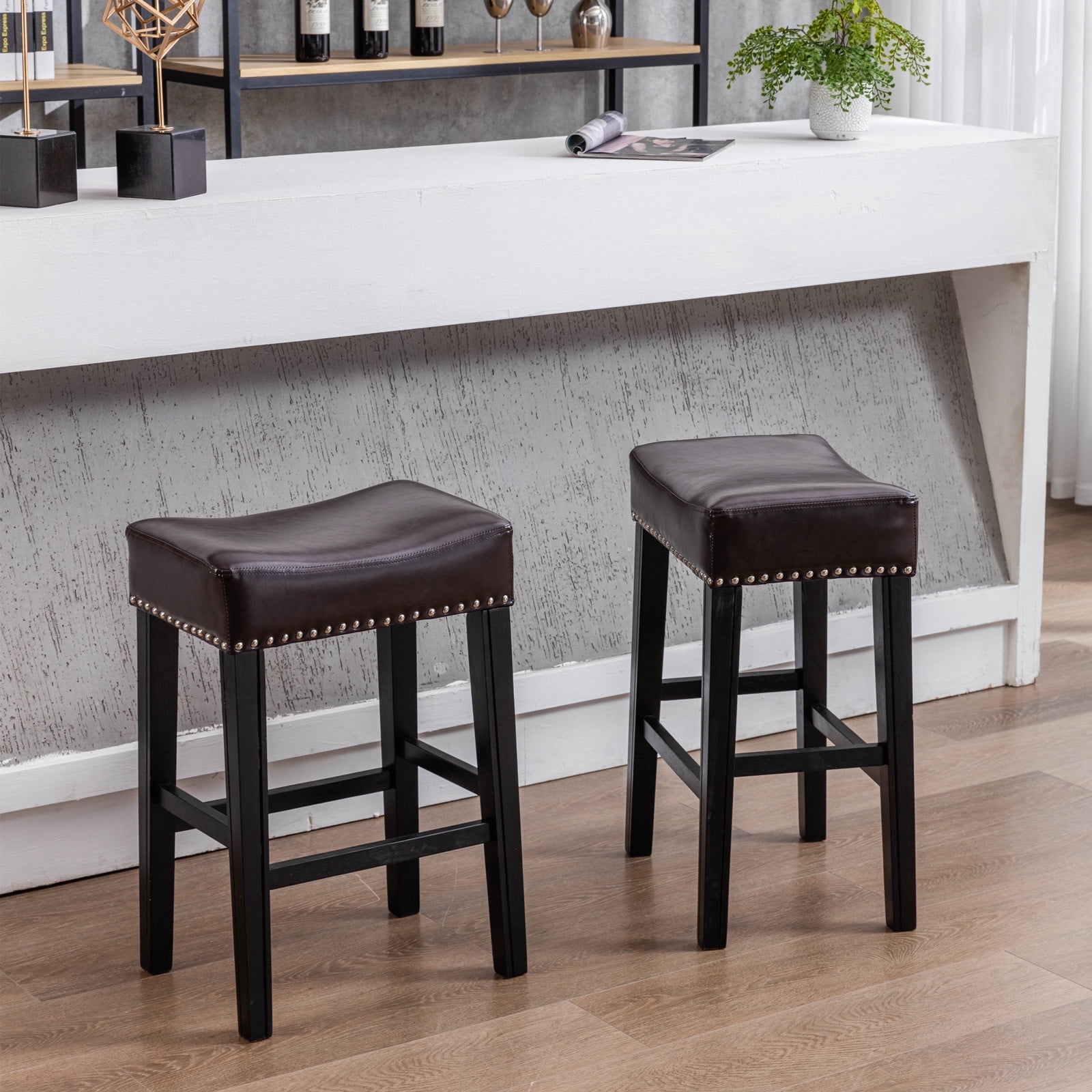 Topcobe 26" Modern Brown Leather Bar Stools, Backless Tufted PU Counter ...
