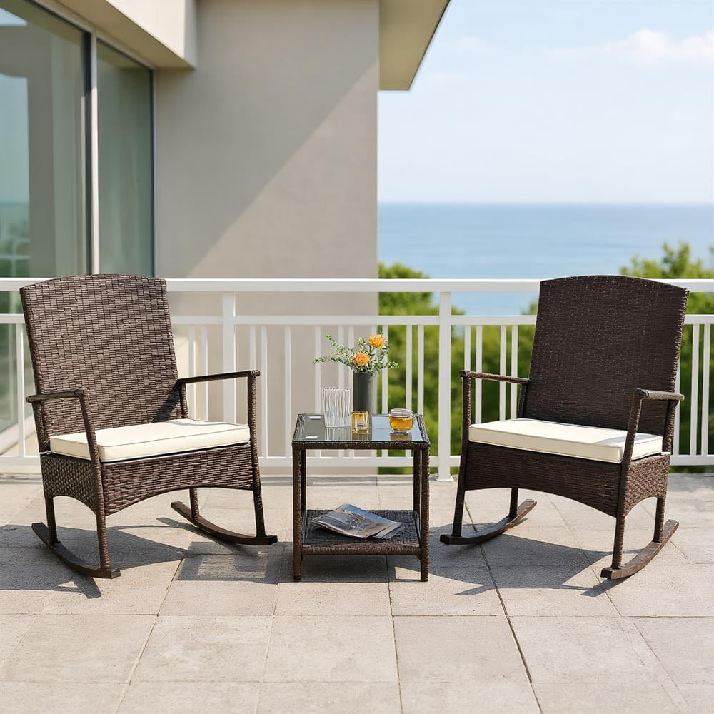 Topcobe 3 Piece Patio Rocking Set, Wicker Rocking Chairs with 2-Tier ...
