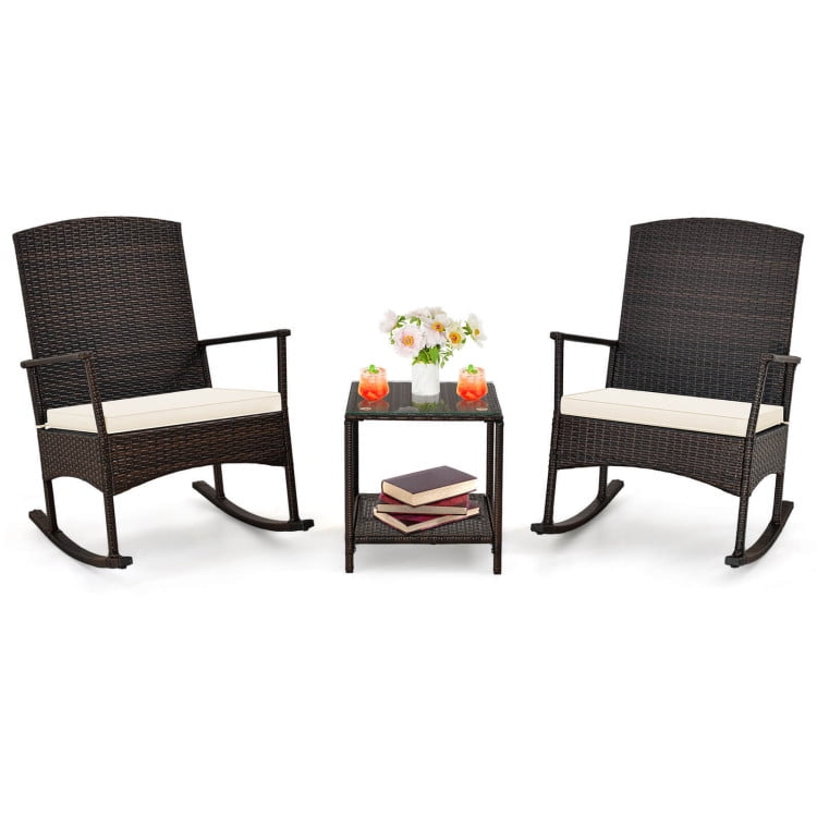 Topcobe 3 Piece Patio Rocking Set, Wicker Rocking Chairs with 2-Tier ...