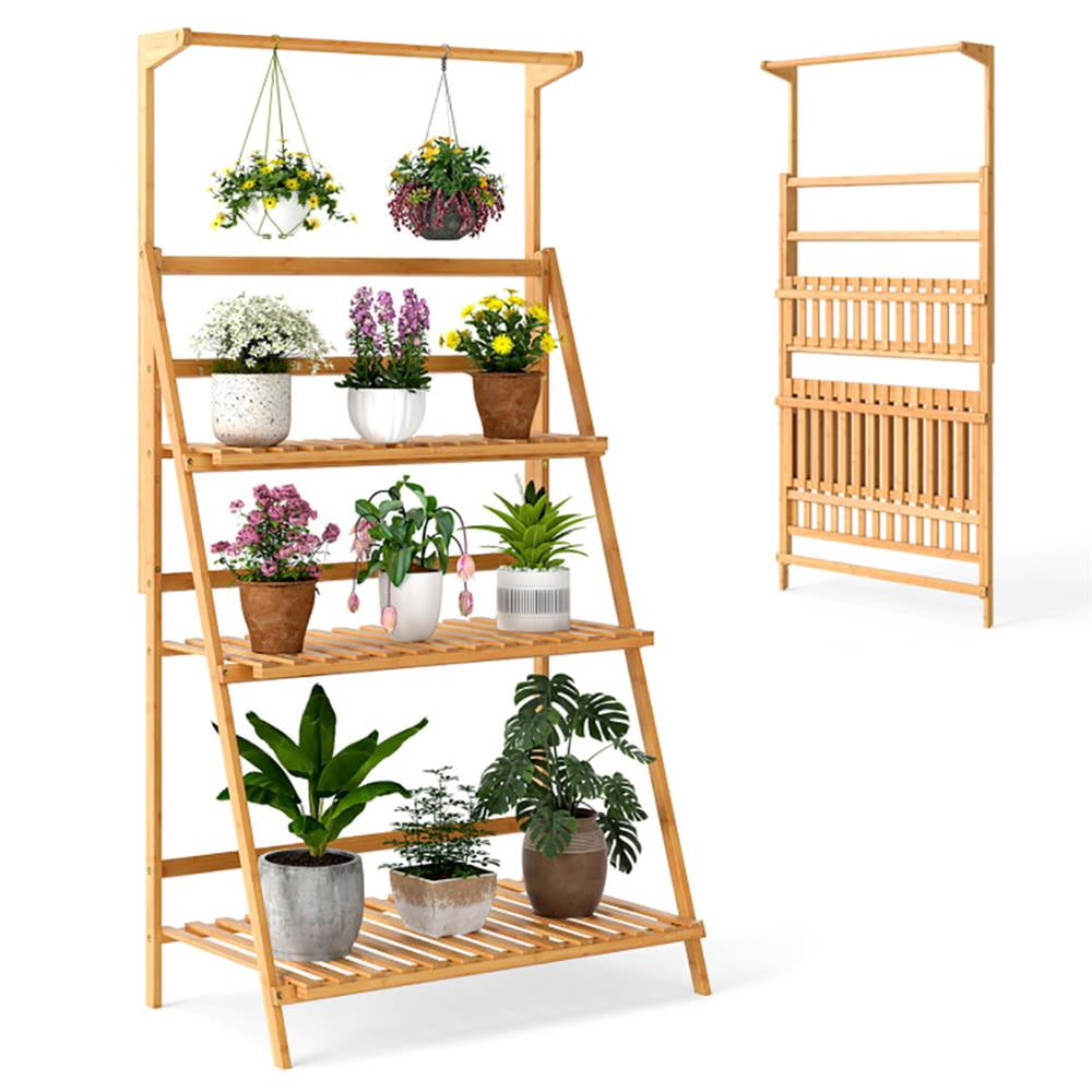 Topcobe 3 Tier Bamboo Hanging Plant Stand with Height Adjustable Hanger ...
