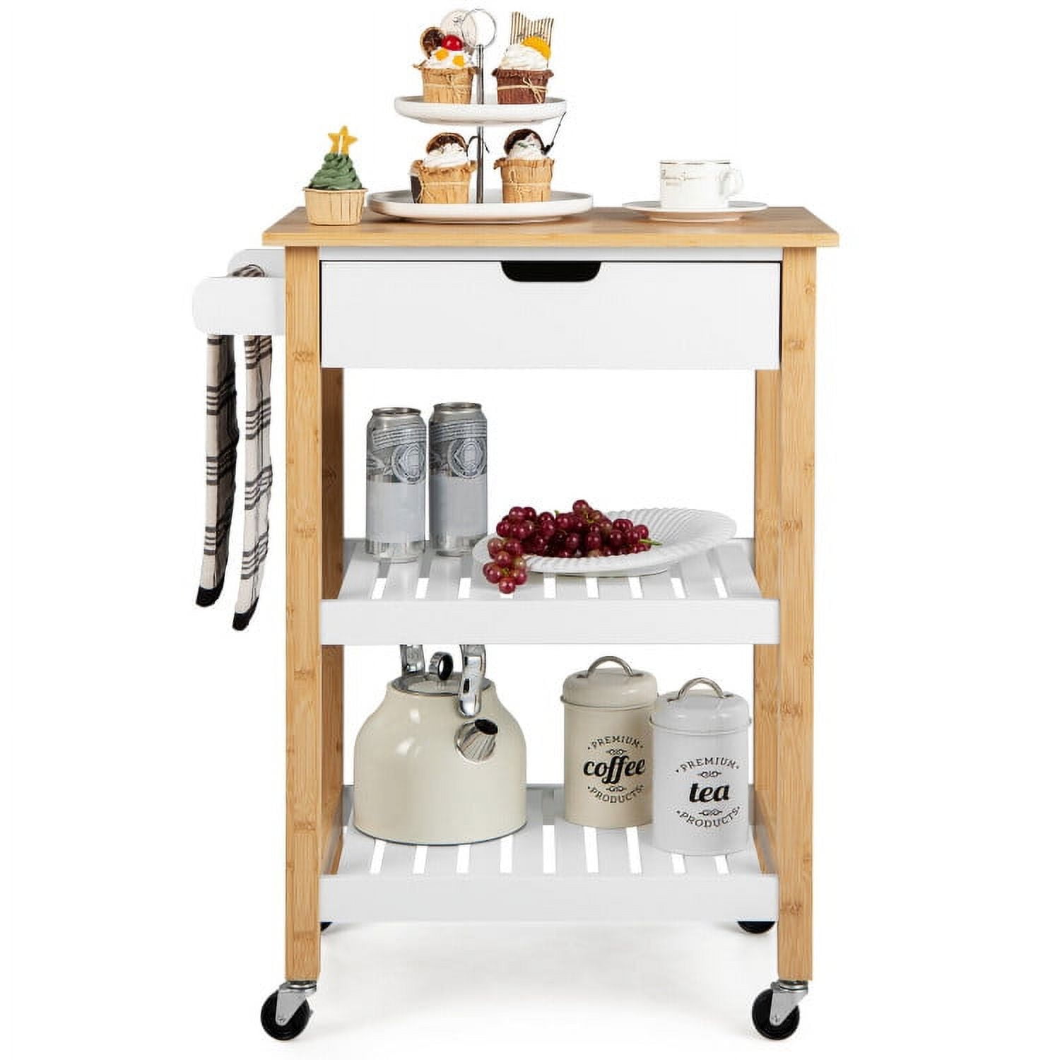 Topcobe 3-Tier Kitchen Island Cart Rolling Service Trolley with Bamboo ...