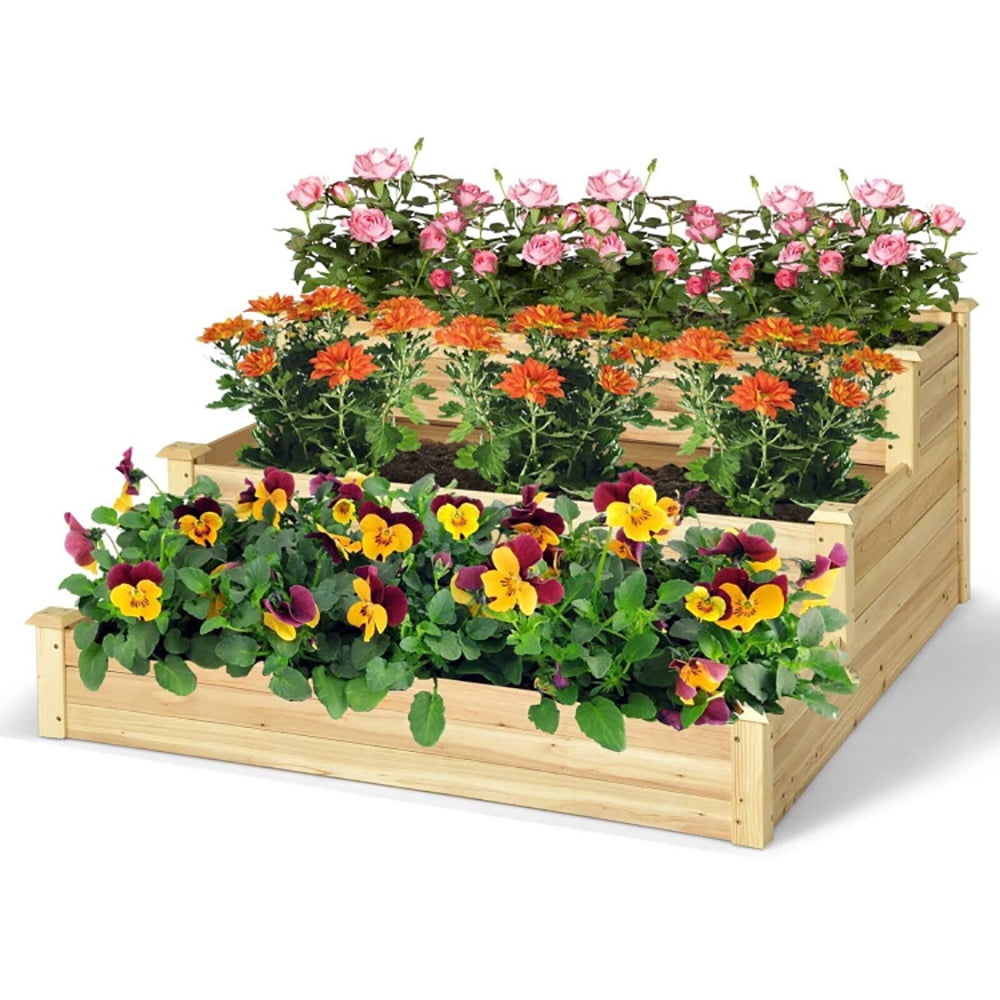 Topcobe 3-Tier Raised Garden Bed Wood Planter Kit for Flower Vegetable ...