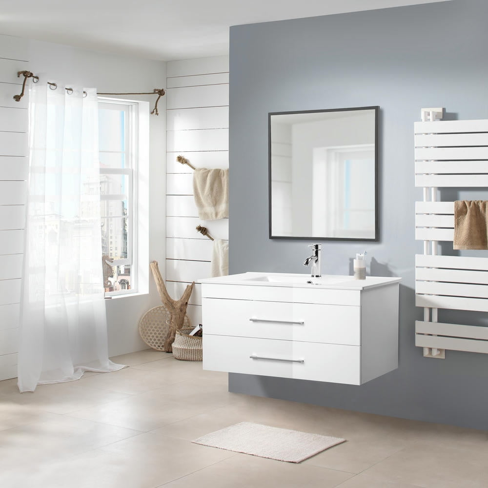 Topcobe 32-Inch White Gloss Wall-Mounted Bathroom Vanity with Double ...