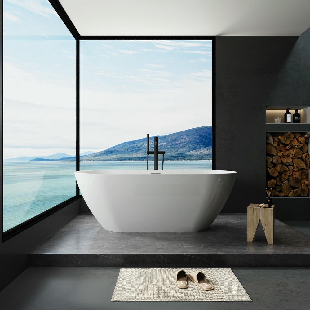 Topcobe 63" Shiny White Acrylic Freestanding Soaking Bathtub with ...