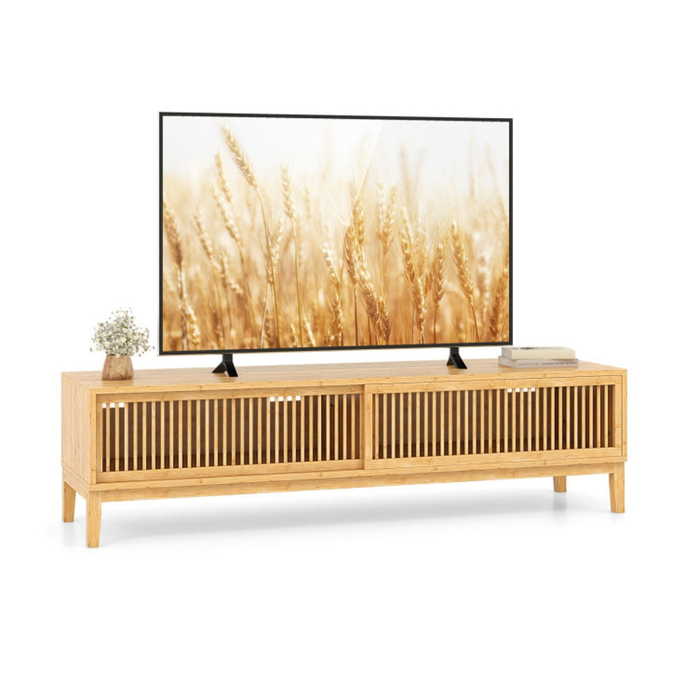 Topcobe Bamboo TV Stand for TVs up to 65 Inches with Sliding Slatted ...